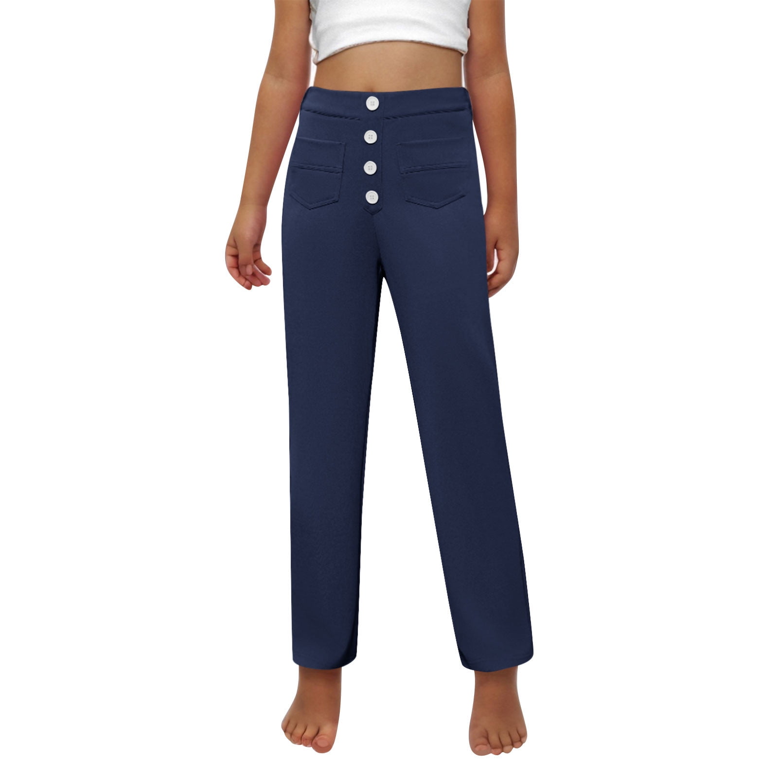 Girls Straight Leg Uniform Pants Business Casual High Waisted Button ...