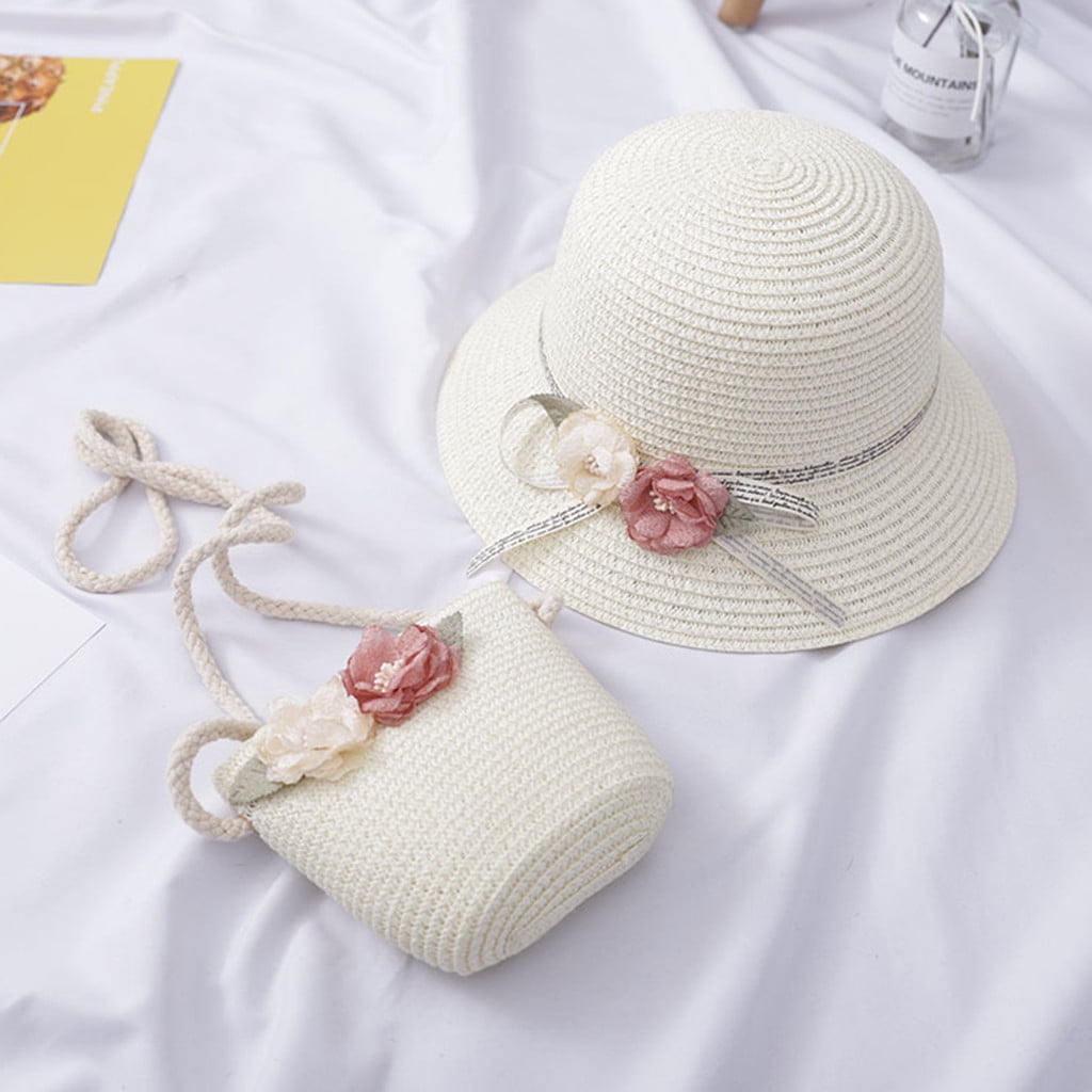 Girls Straw Hat Set, Girls 2-7 Age Straw Hat Tourism Sun Hat Flower Set ...