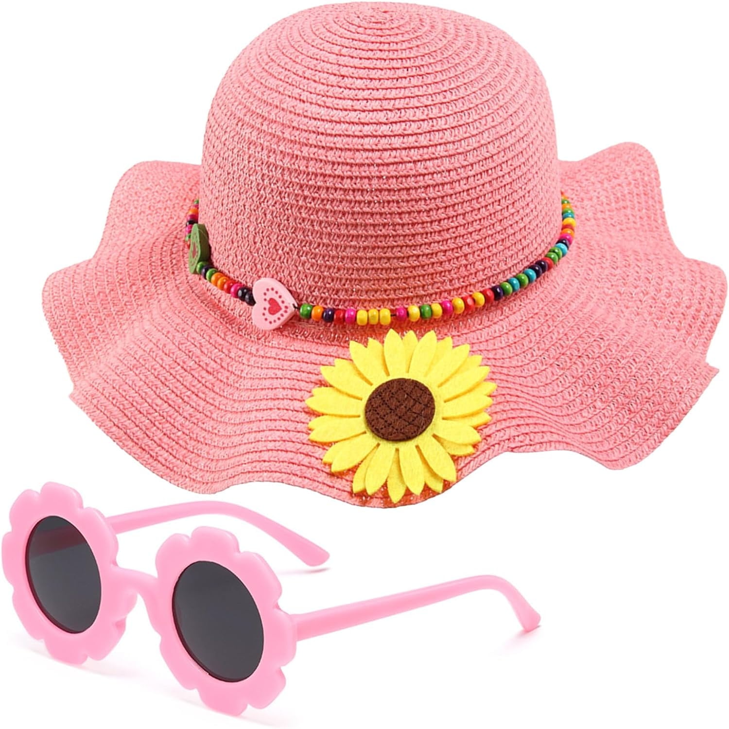 Girls Straw Hat with Flower Round Sunglasses, Summer Foldable Large ...