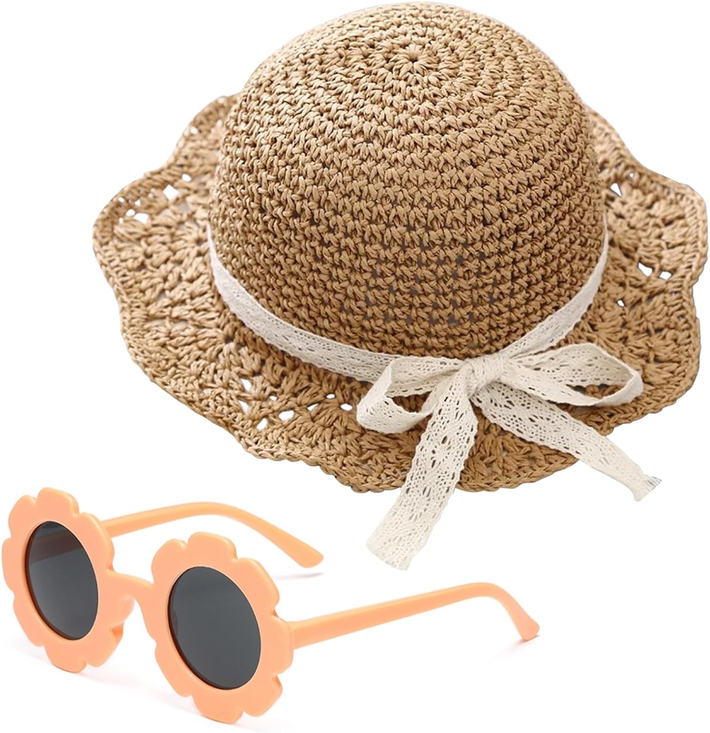 Girls Straw Hat with Flower Round Sunglasses, Summer Foldable Large ...