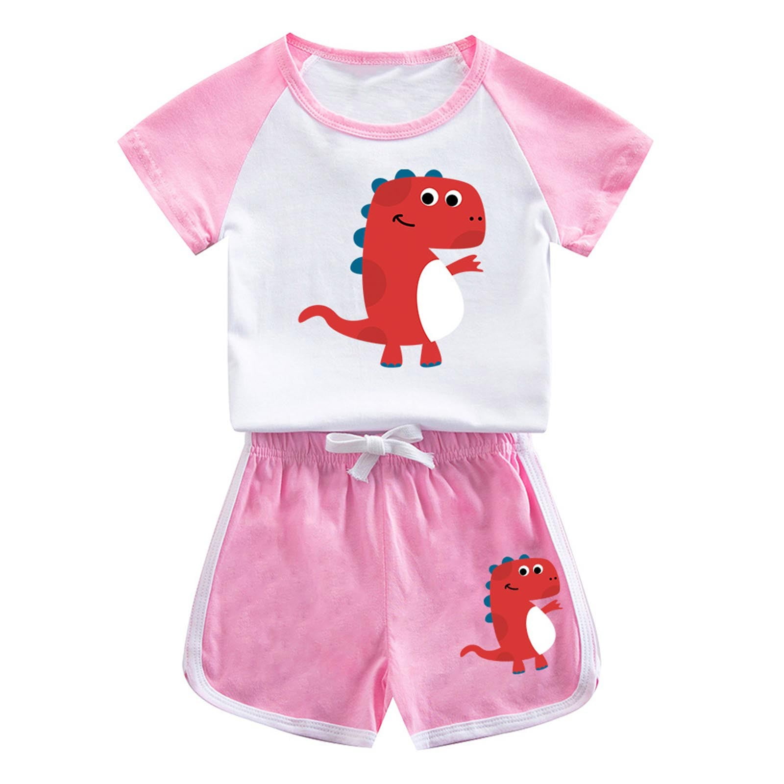 Girls Summer 2 Piece Outfit Sets Raglan Cute Dinosaur T-Shirts Shorts ...