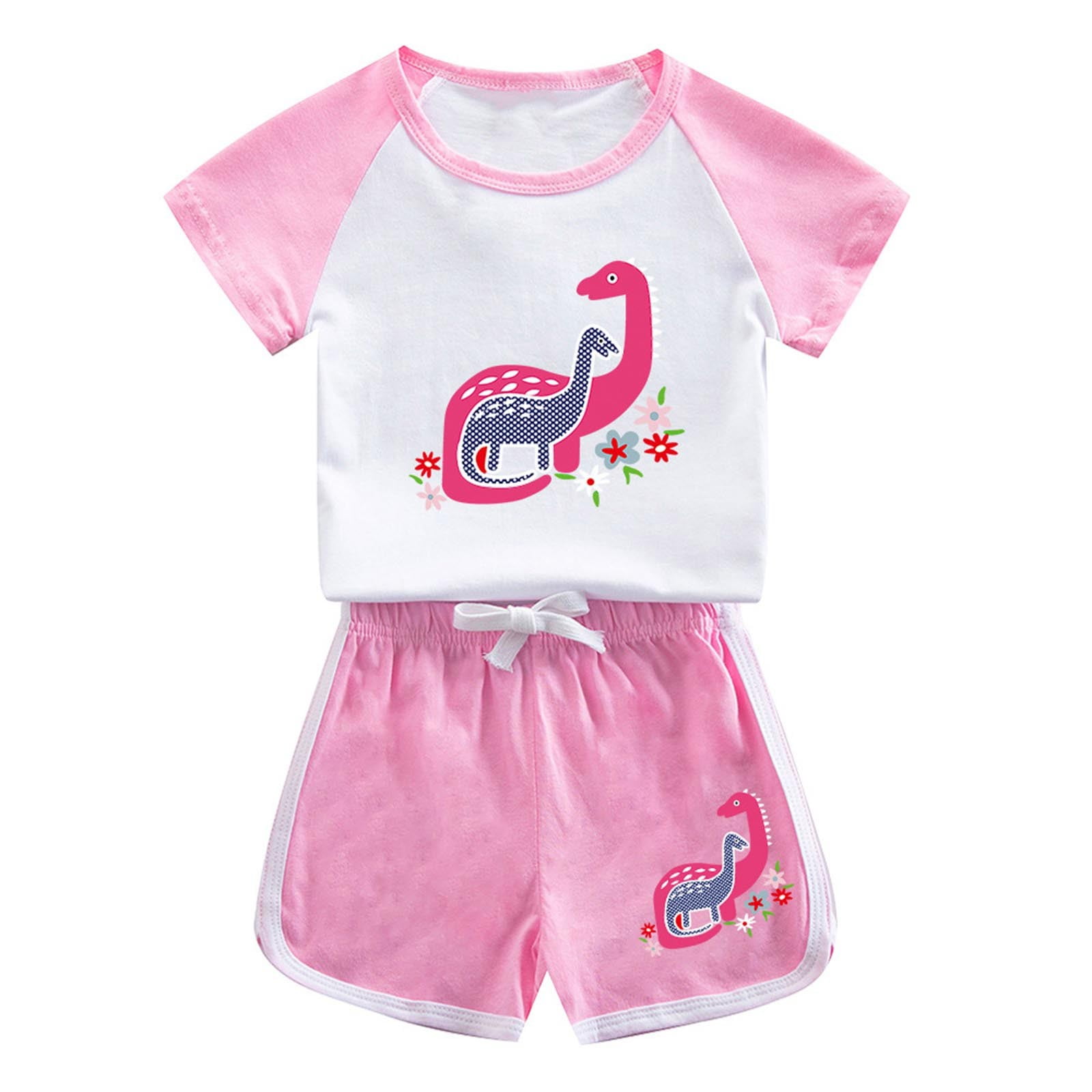 Girls Summer 2 Piece Outfit Sets Raglan Cute Dinosaur T-Shirts Shorts ...