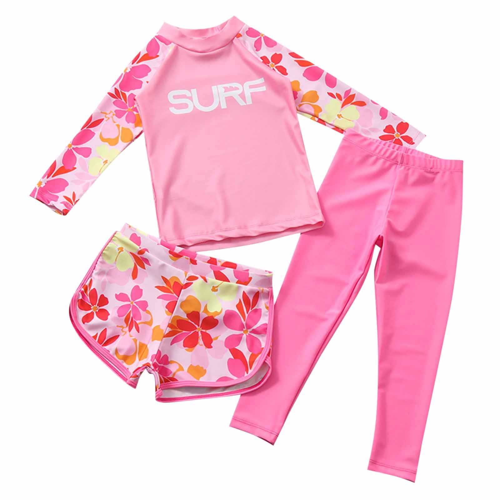 Girls Summer 3 Piece Swimsuits Long Sleeve Rash Guard Swim Shirt with ...