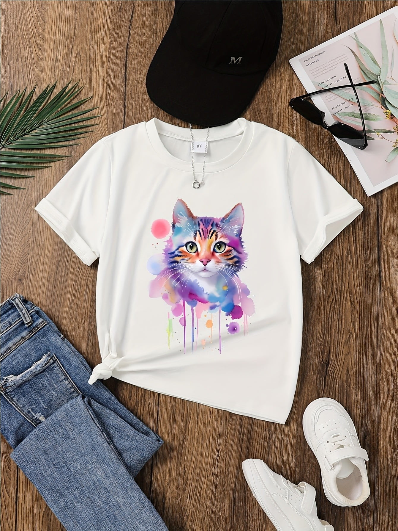 Girls' Summer Cartoon Cat T-Shirt - Soft & Stretchy Polyester Blend ...