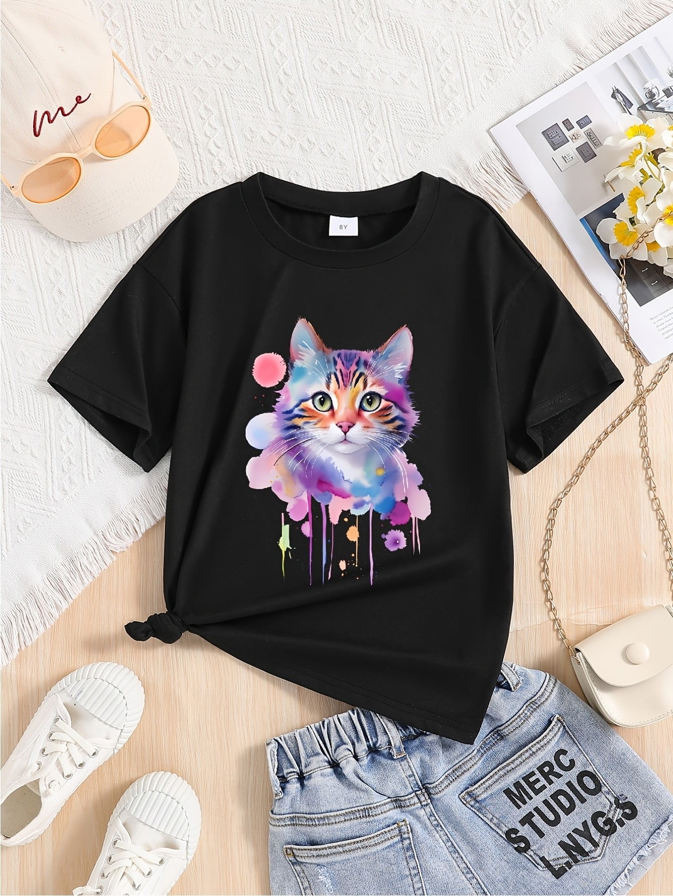 Girls' Summer Cartoon Cat T-Shirt - Soft & Stretchy Polyester Blend ...