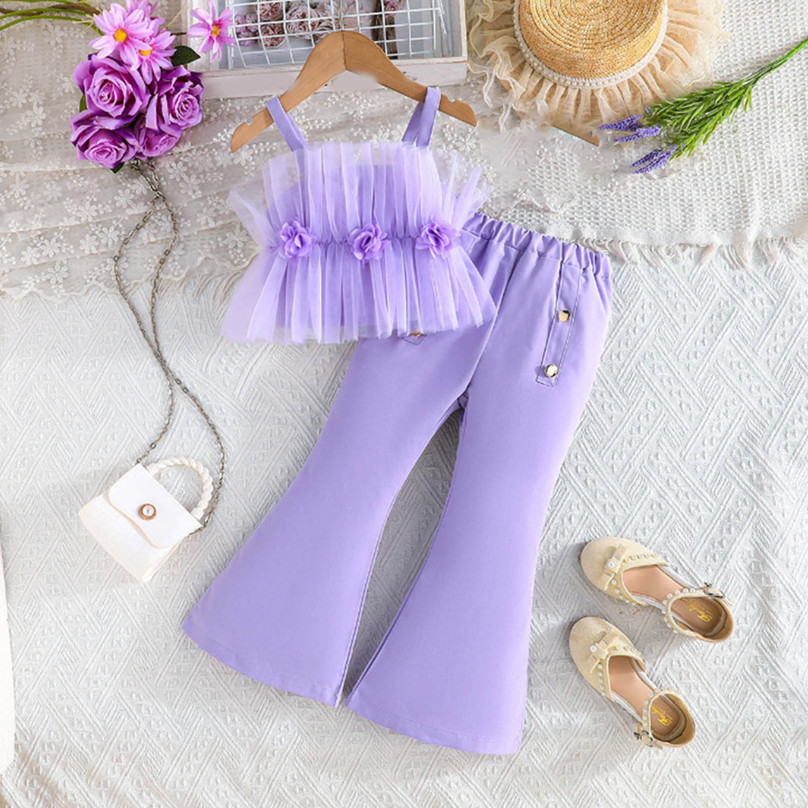 Girls Summer Clothes Set Mesh Spaghetti-strap Vest Long Flare Pants ...