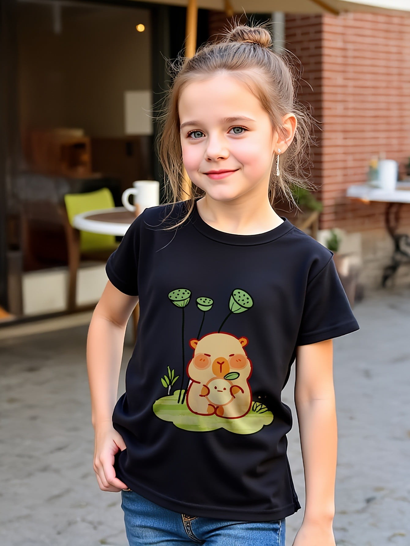 Girls' Summer Cute Capybara Boba Tea T-Shirt, Pink, White, Black Cotton ...