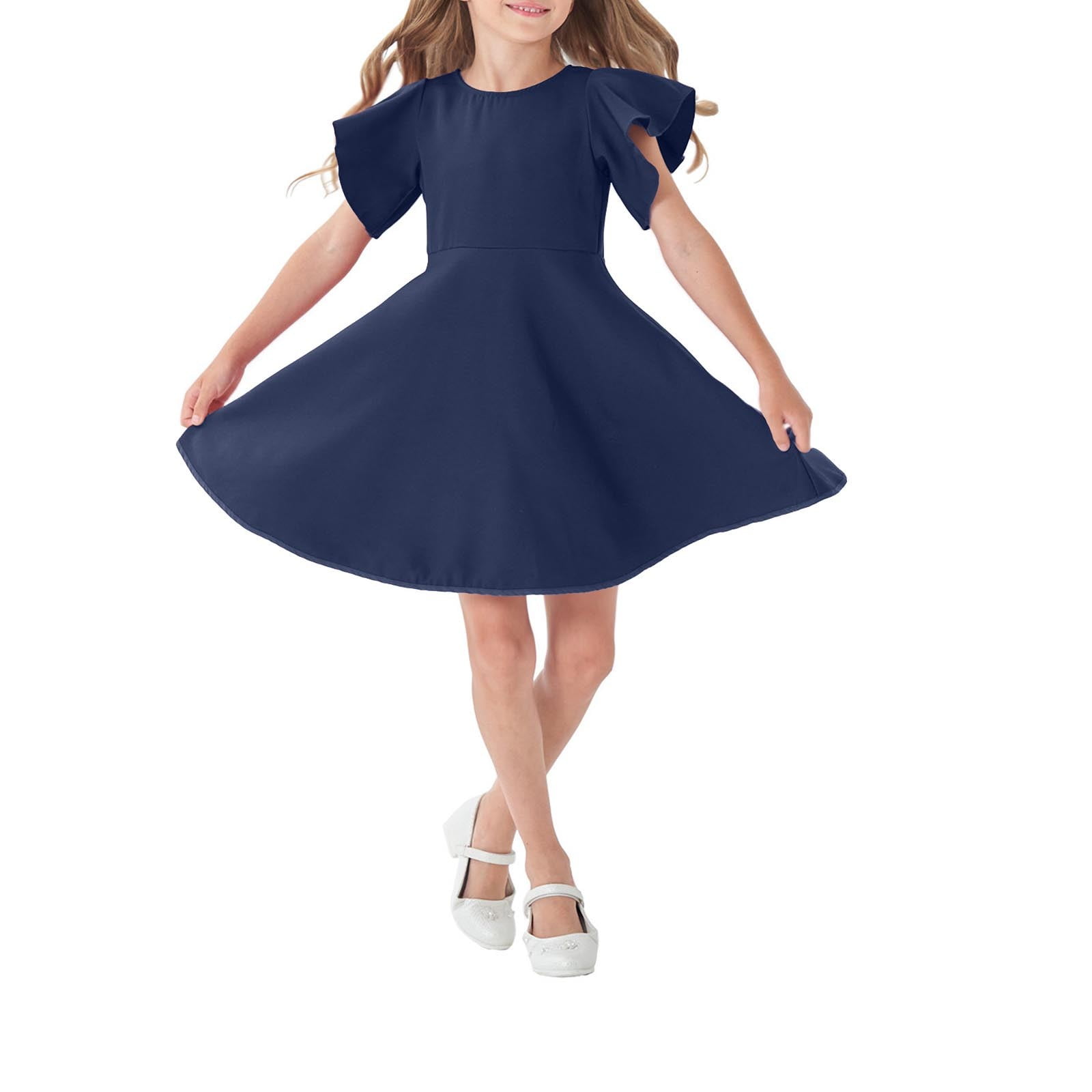 Girls Summer Dress Flutter Sleeve Swing Casual Formal Dresses Short ...