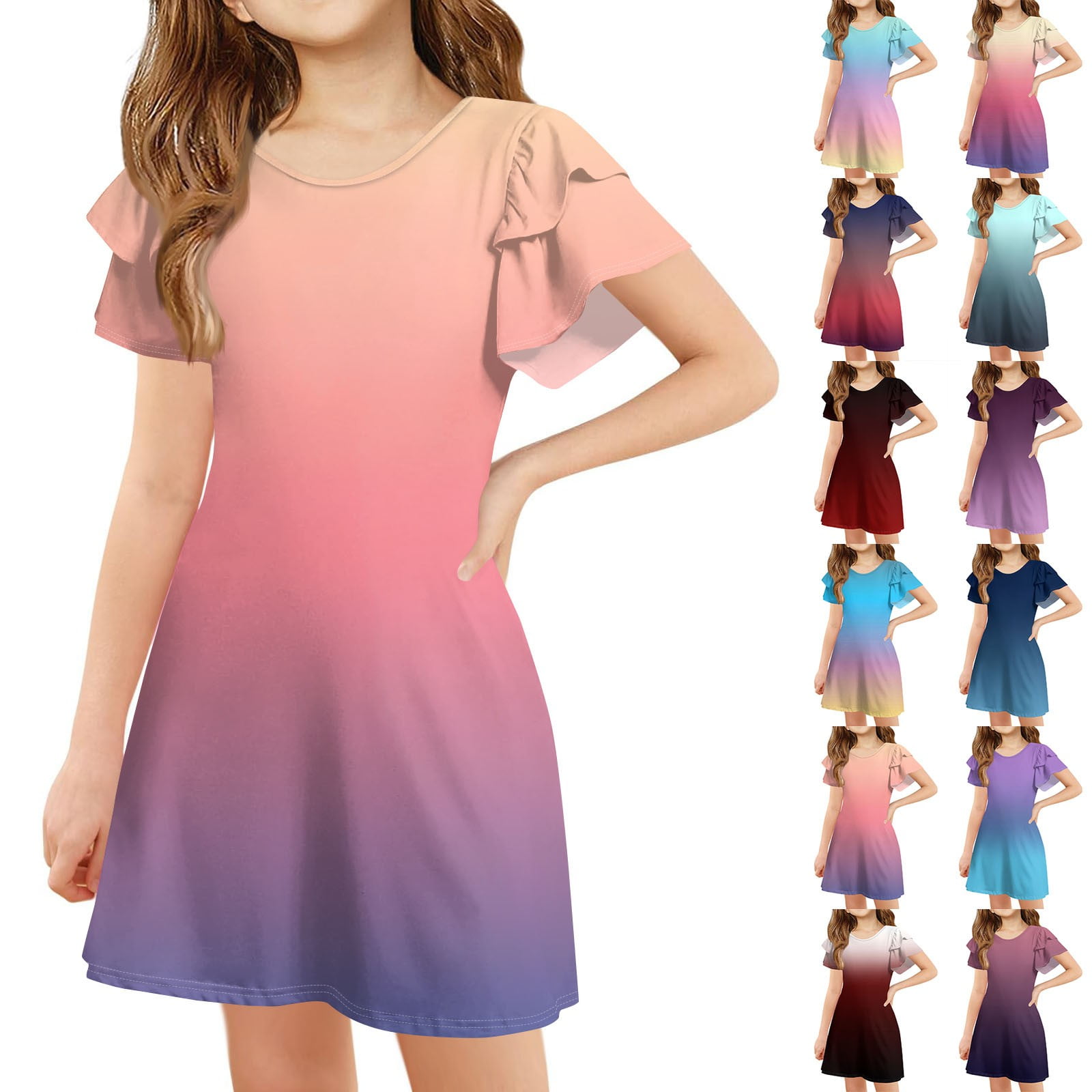 Girls Summer Dress Tween Dresses Gradient Short Sleeve Dress Soft ...