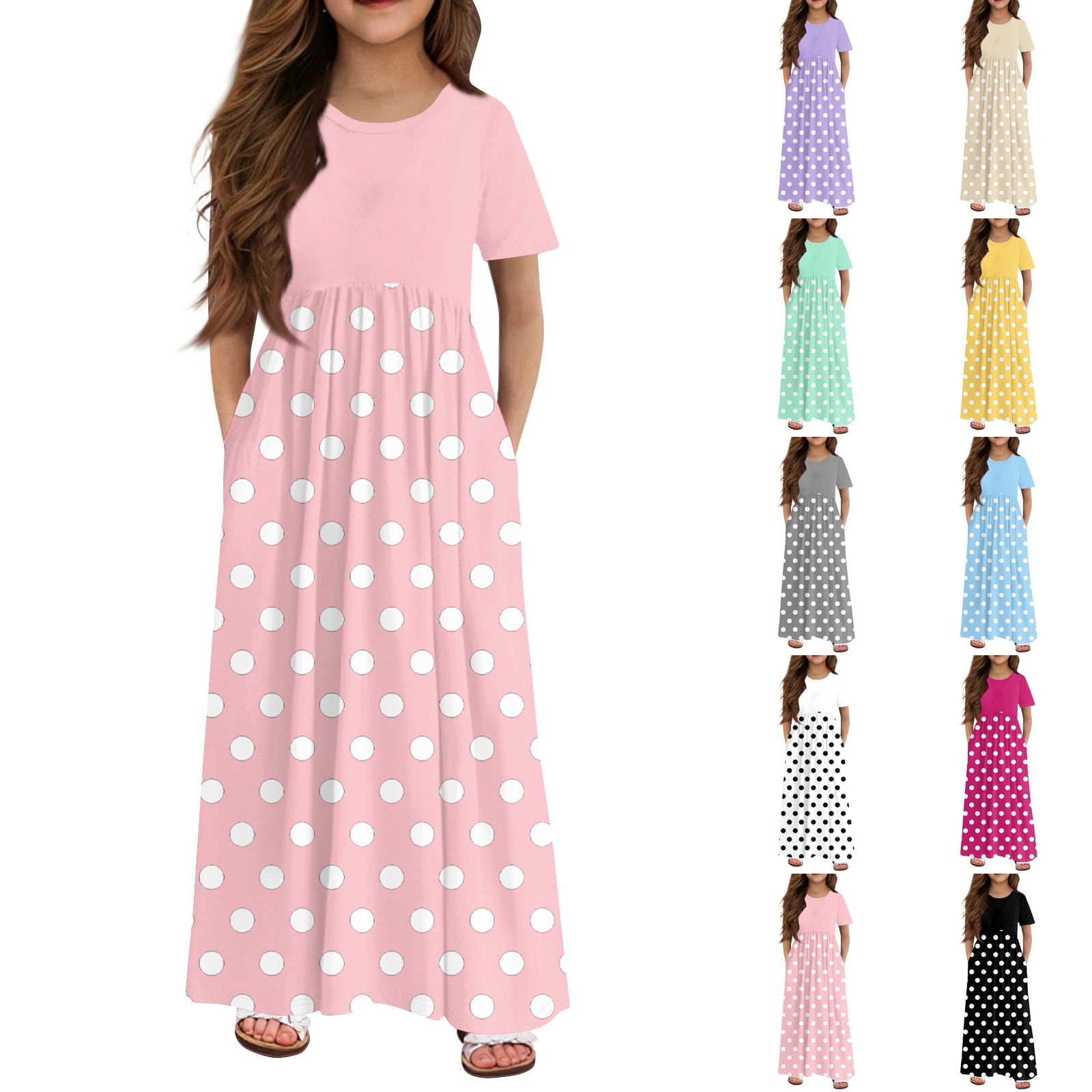 Girls Summer Dress Tween Dresses Short Sleeve Polka Dot Maxi Dress with ...