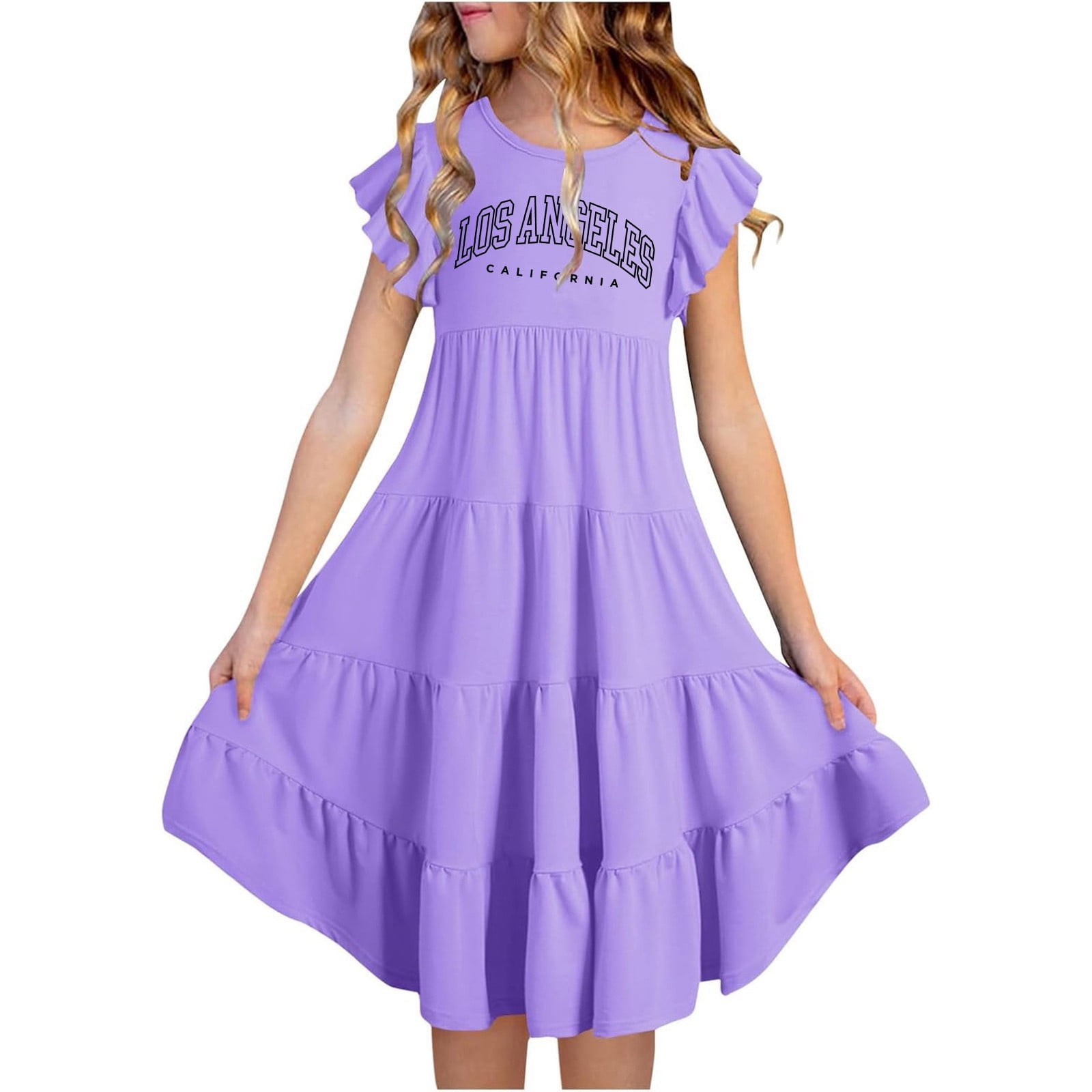 Girls Summer Dresses Double Layer Flutter Sleeve Flowy A Line Dress ...