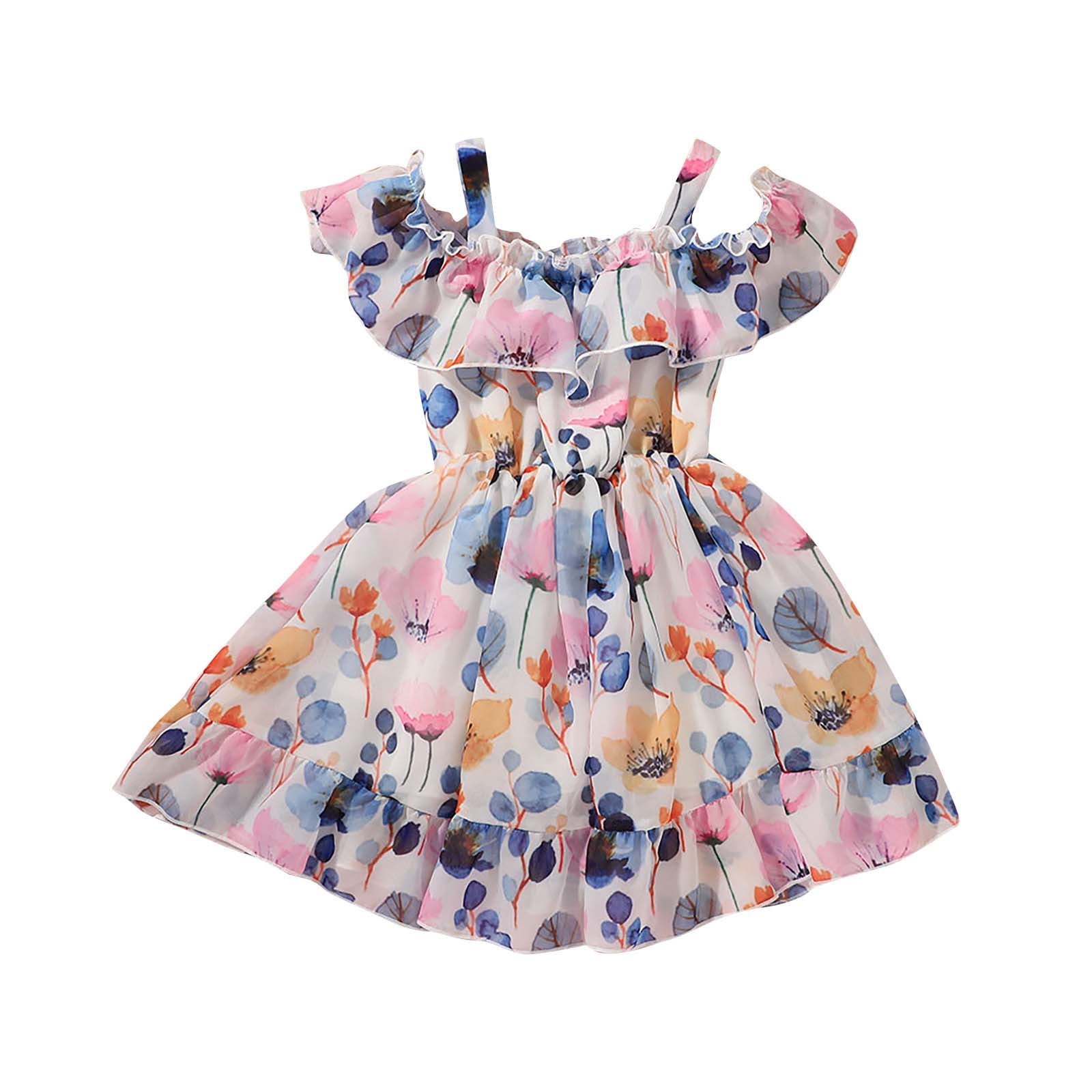 Girls Summer Dresses Off Shoulder Sleeveless Floral Ruffle Beach Boho ...