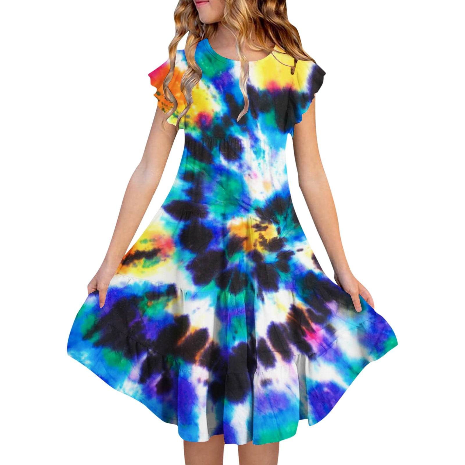 Girls Summer Dresses Tie Dye Flutter Sleeve Flowy A Line Dress Casual ...
