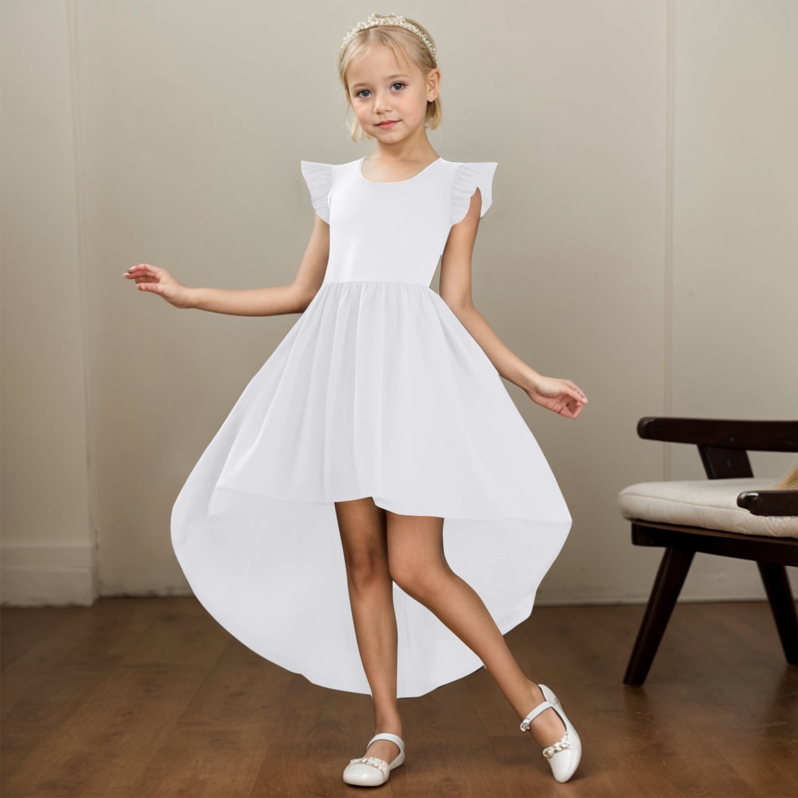 Girls Summer Flapper Sleeve High and Low Formal Dress Fly Skirt Swing ...