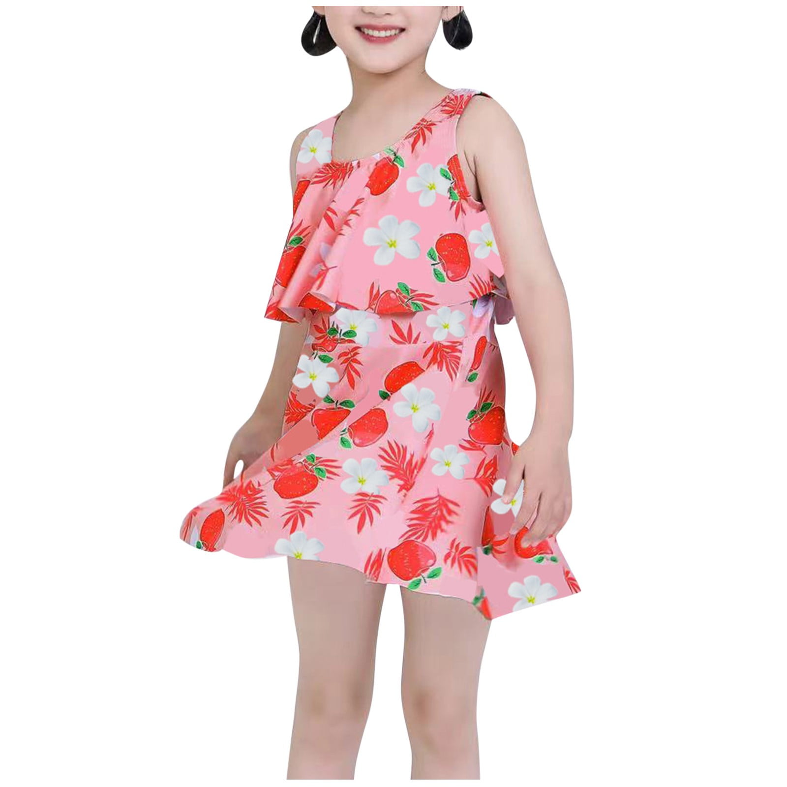 Girls Summer Floral Swimdresses with Shorts Ruffled Two Piece Swimsuits ...