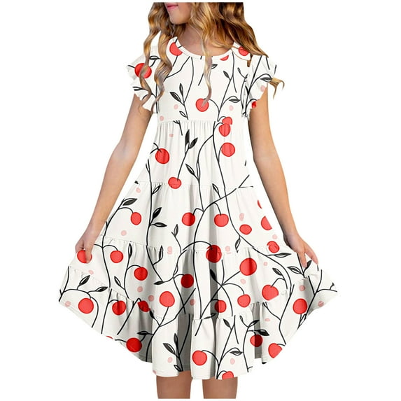 Girls' Summer Flower Print Short Sleeve Ruffled Pockets Round-Neck ...