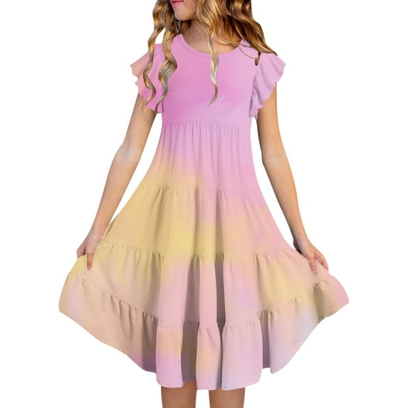 Girls Summer Flowy A-Line Midi Dress with Double Layer Gradient Design ...