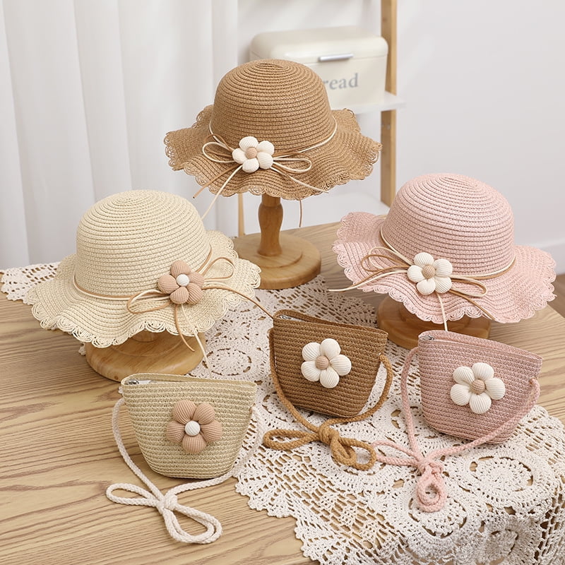 Girls Summer Hat Bag Set Wide Brim Hat Sun Beach Hats with Shoulder Bag ...
