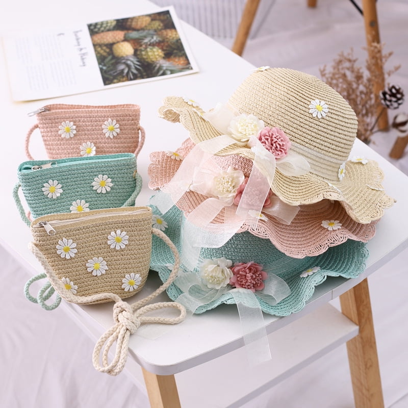 Girls Summer Hat Bag Set Wide Brim Hat Sun Beach Hats with Shoulder Bag ...