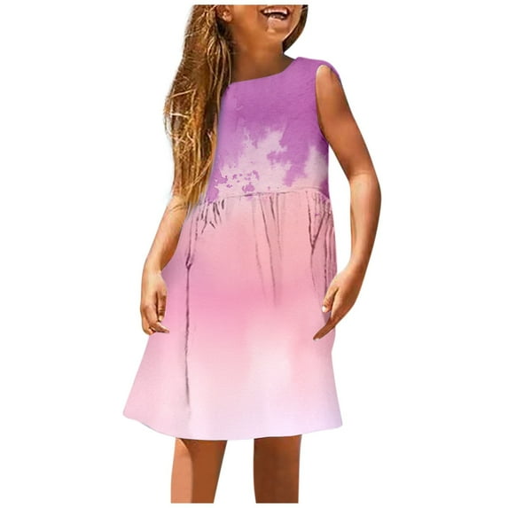 Girls Summer A Line Sleeveless Dress Stretchy Comfort Round Neck Casual ...