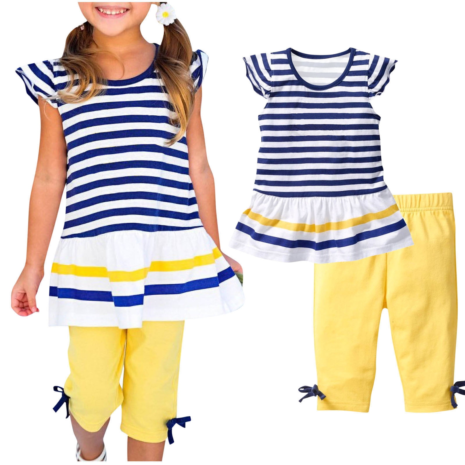 Girls Summer Lounge Set 2 Piece Cute Outfits 7-8 Flutter Striped Peplum ...