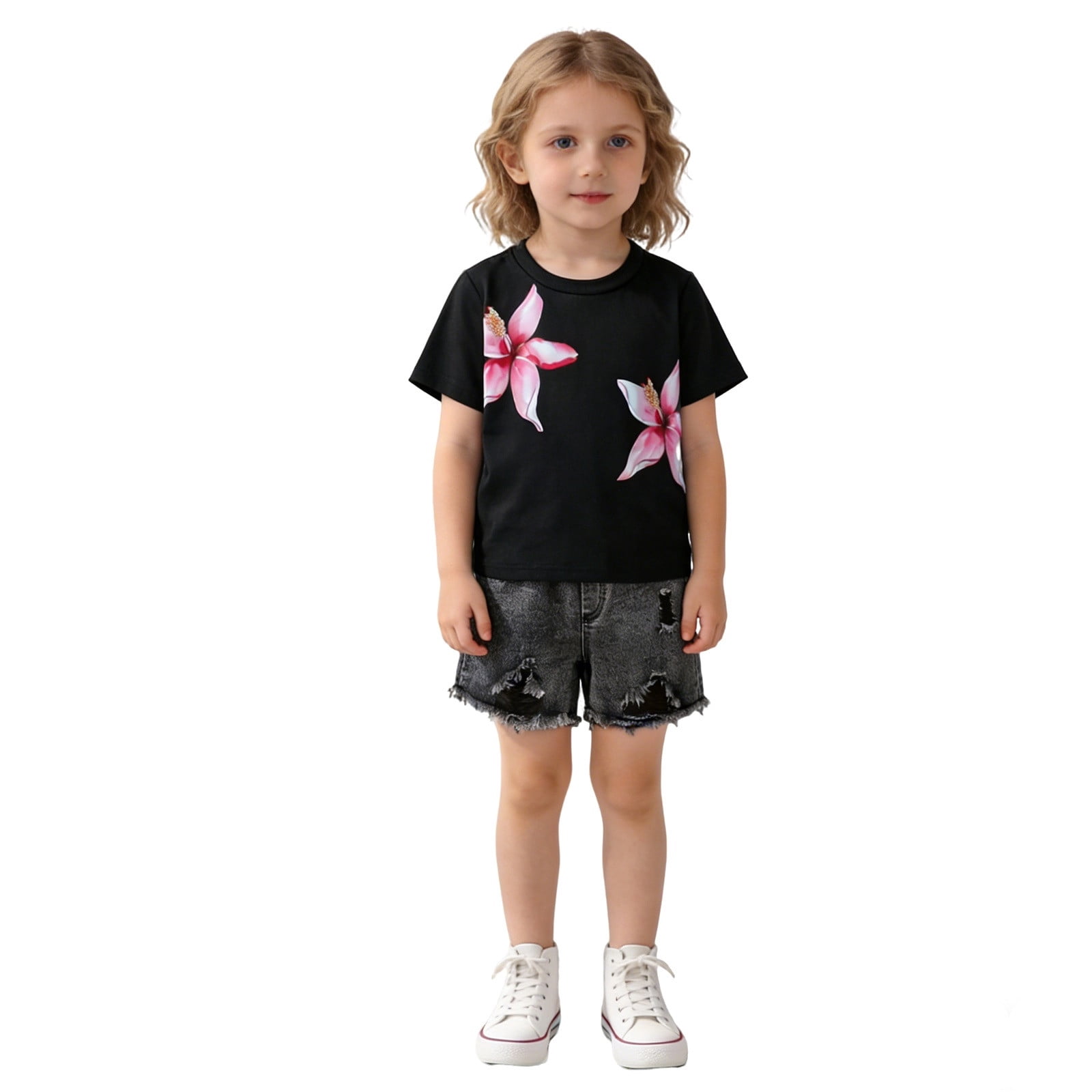 Girls Summer Outfit Short Sleeve Flower Printed Top and Denim Jeans ...
