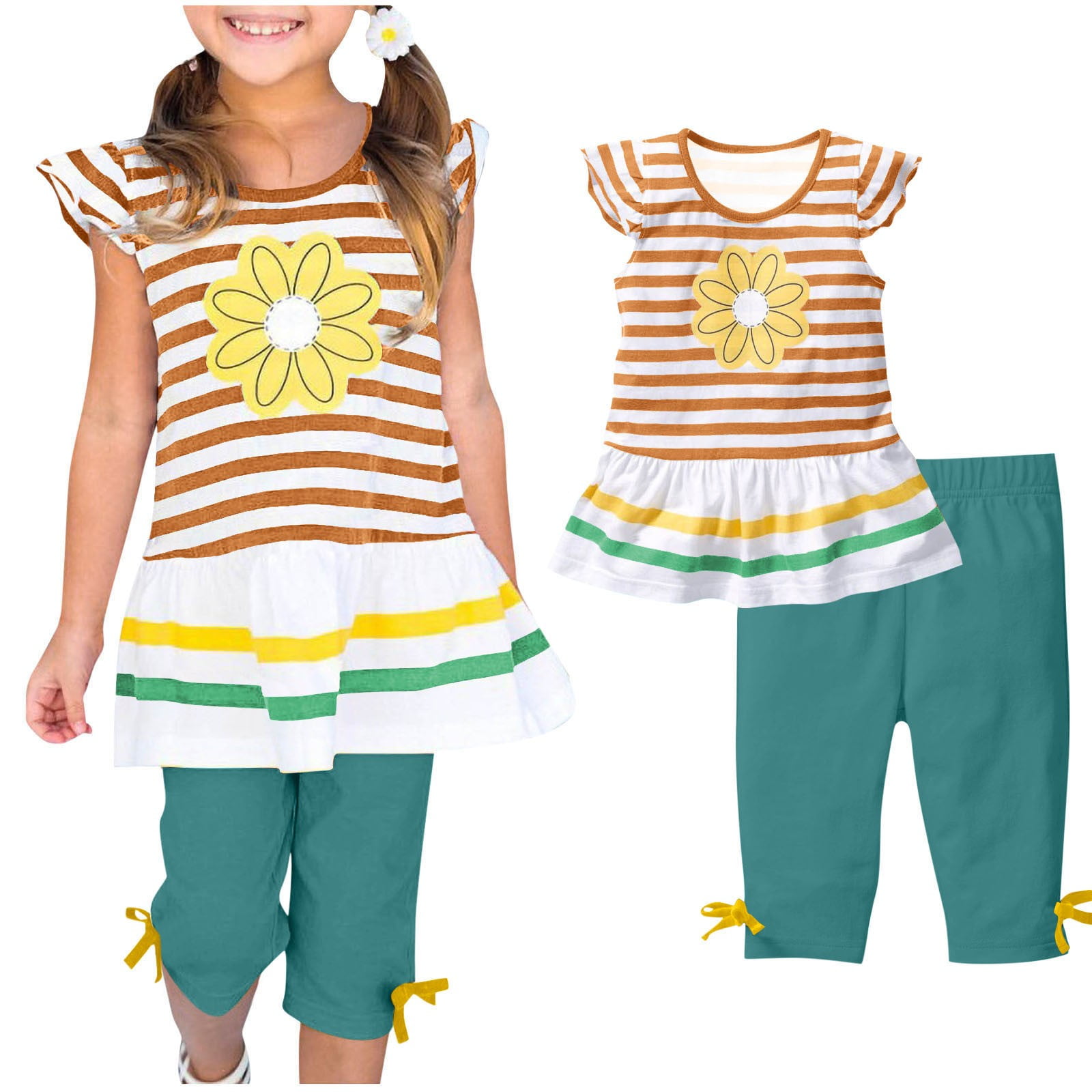 Girls Summer Outfits 7-8 2 Piece Set Flutter Sleeve Floral Striped Peplum Tops Capris Pants Cute ...