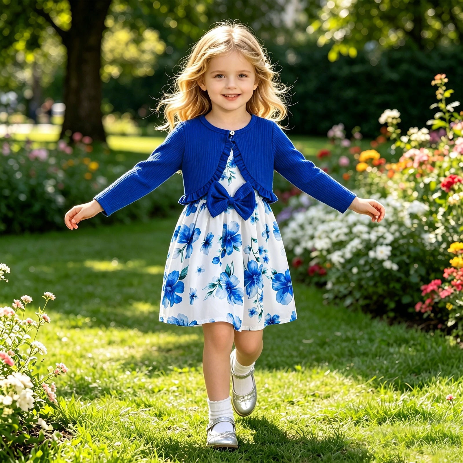 Girls Summer Outfits Solid Long Sleeve Cardigan Floral Sleeveless Dress ...