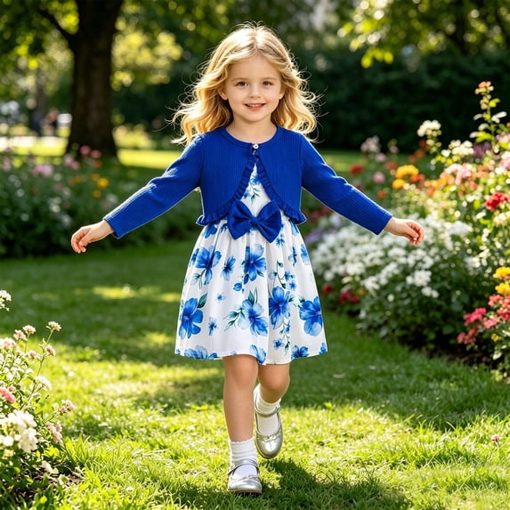Girls Summer Outfits Solid Long Sleeve Cardigan Floral Sleeveless Dress ...