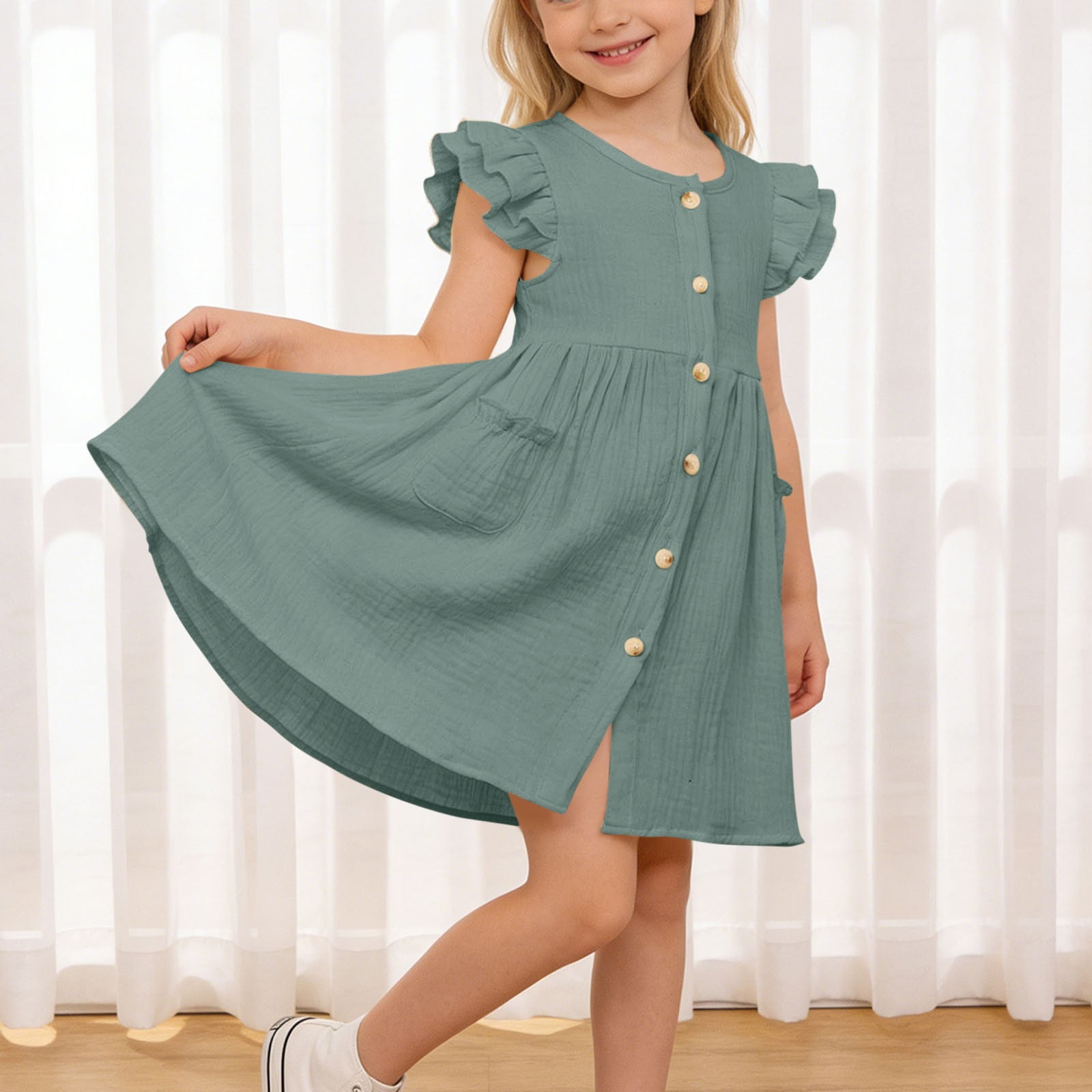Girls Summer Ruffle Dress Flutter Sleeve Casual Ribbed Dresses Elastic ...