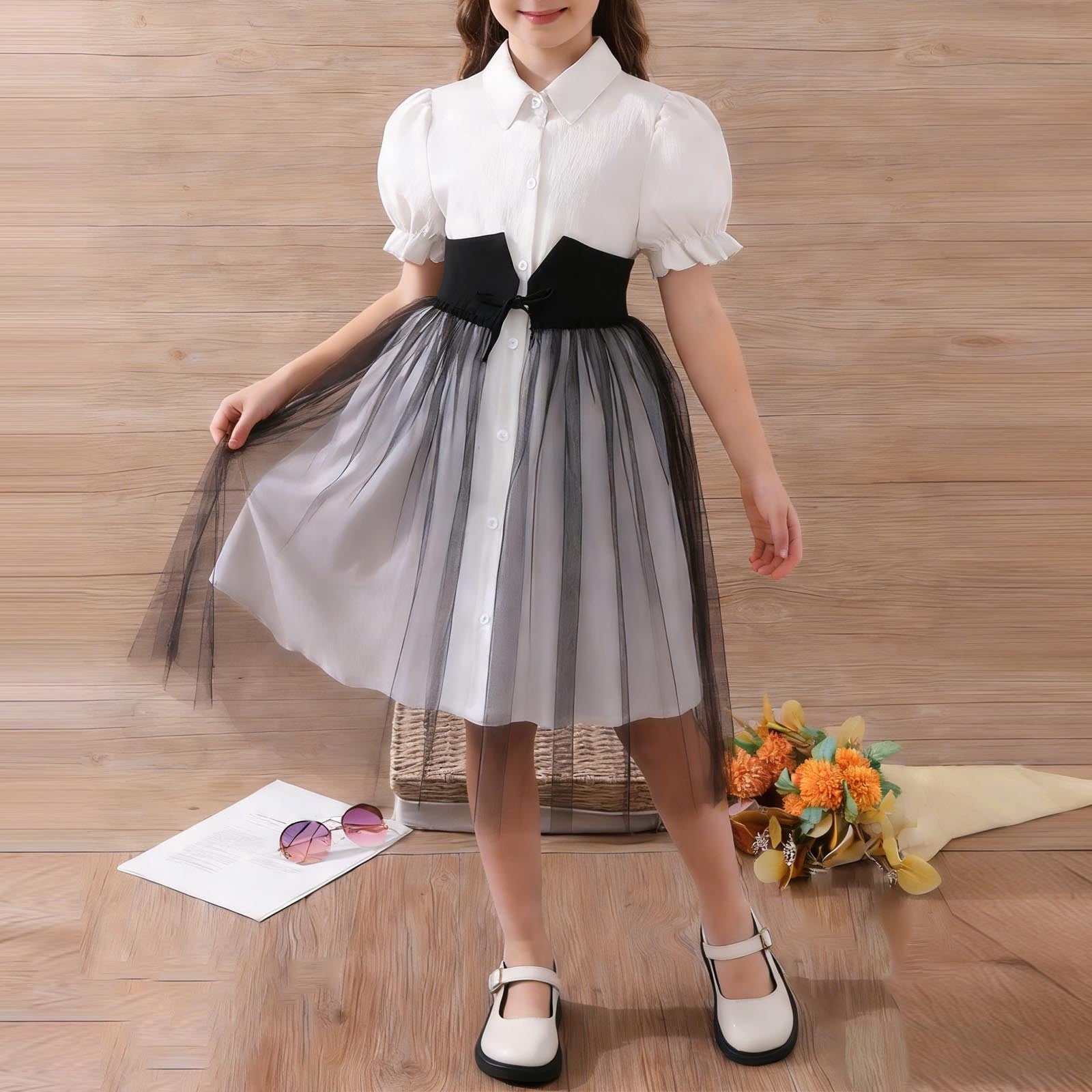 Girls Summer Ruffle Short Sleeve Crew Neck Loose Casual Flowy Tiered Long Dress White 11-12 ...