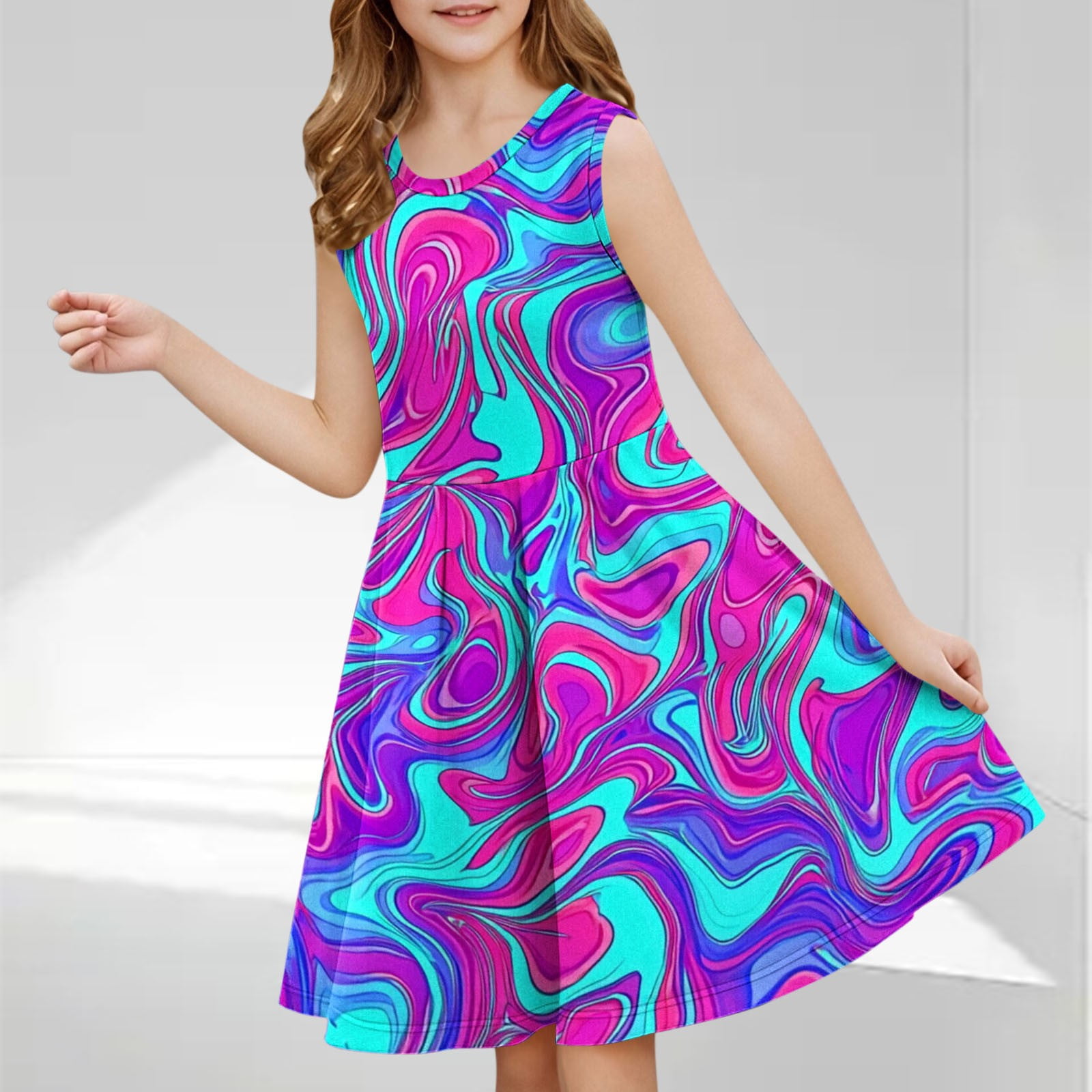 Girls' Summer Sequin Print Sleeveless Round Neck Dress Mid Size ...