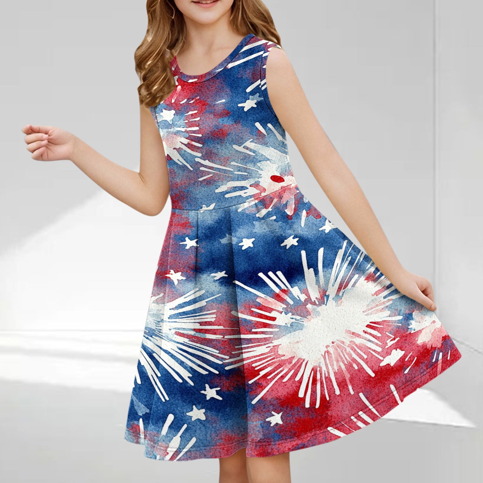 Girls' Summer Sequin Print Sleeveless Round Neck Dress Mid Size ...