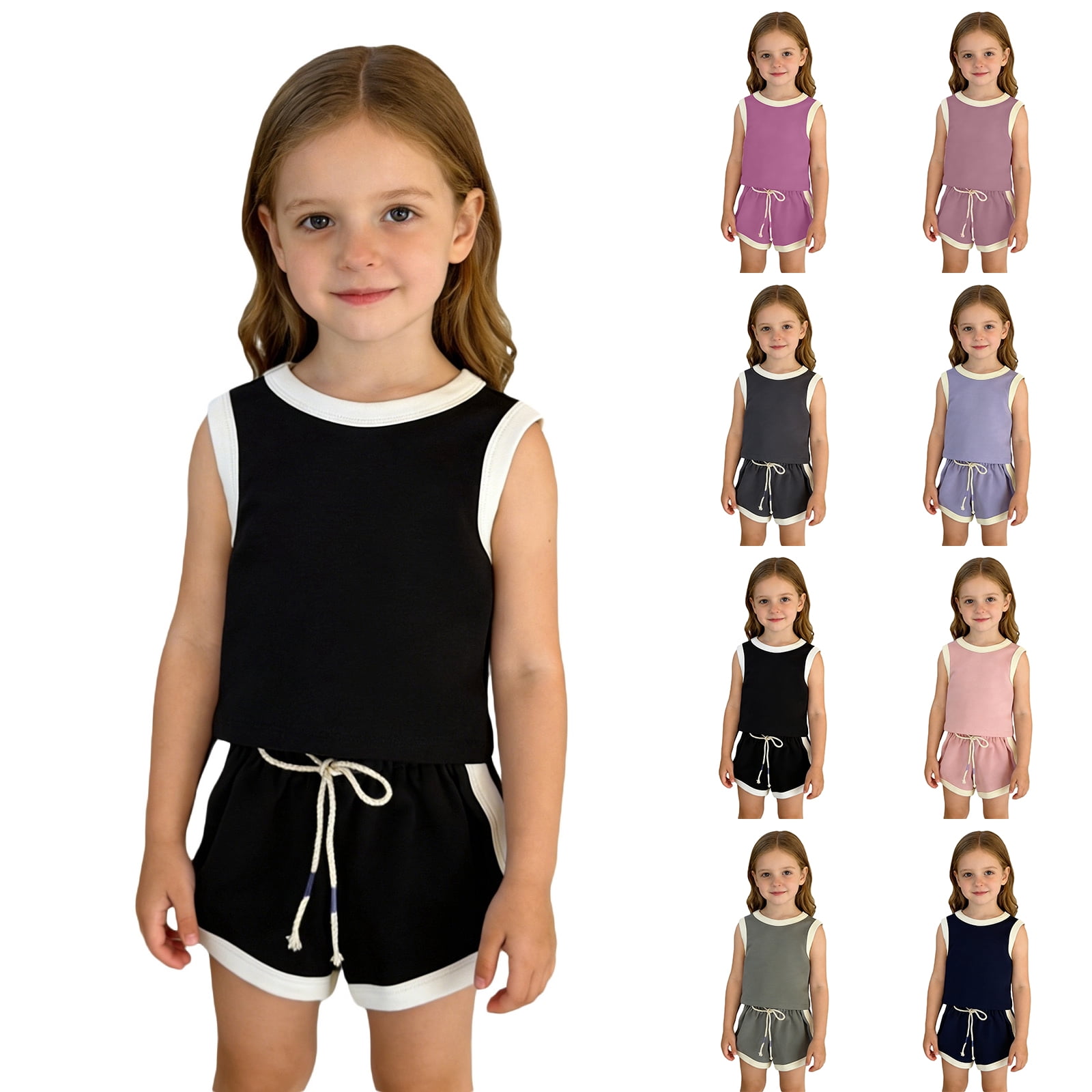 Girls Summer Set Sleeveless Tank Top and Drawstring Shorts Lounge Set ...