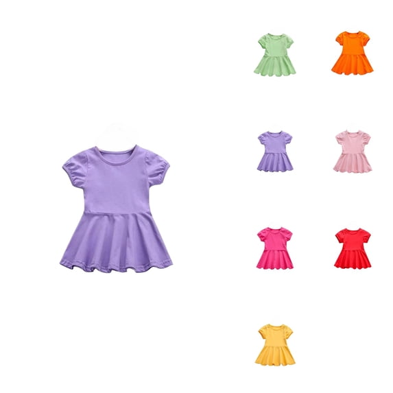 Girls Summer Short Sleeve Dress – Casual Solid Color Elastic Waist Play ...