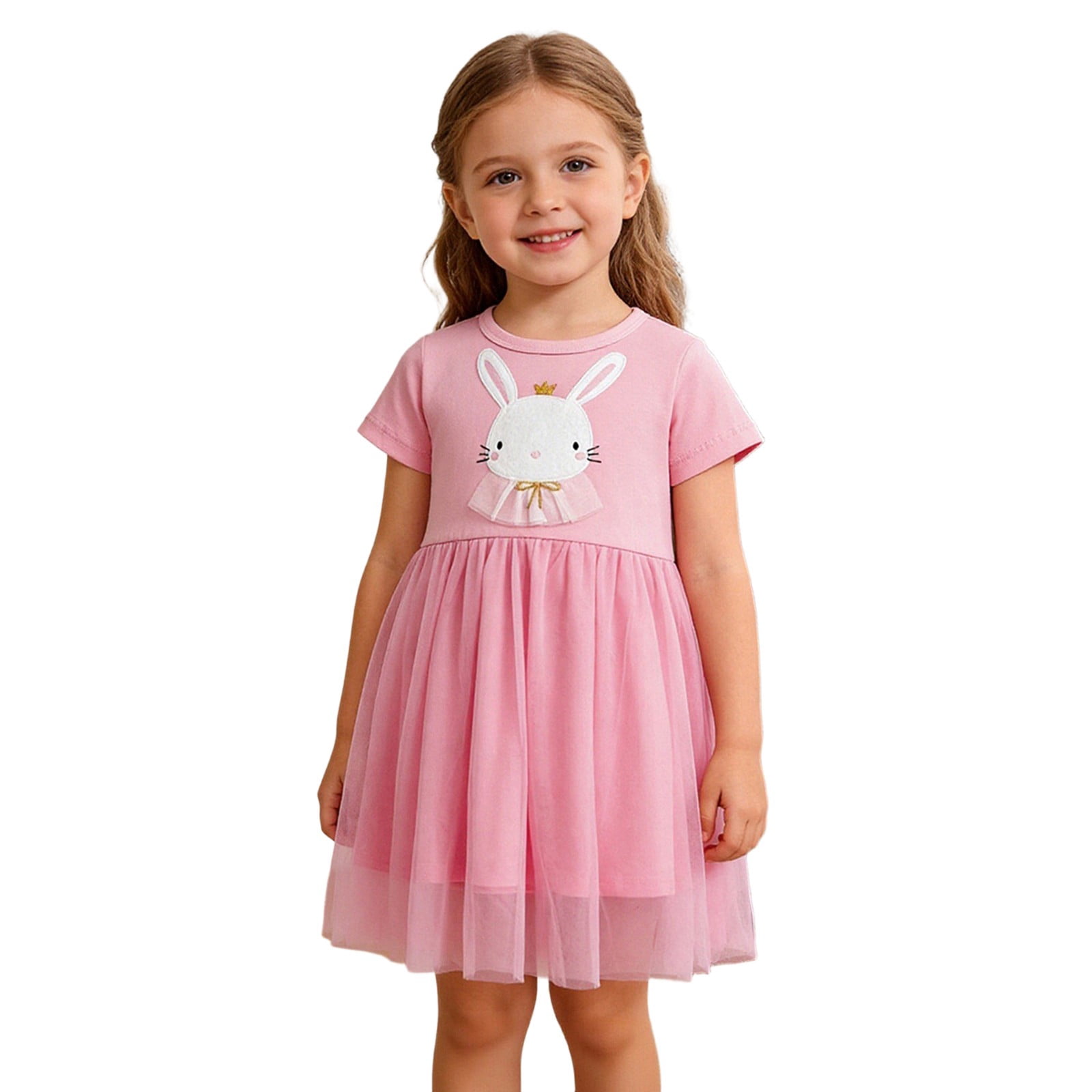 Girls Summer Short Sleeve Dress With Bunny Embroidery Floral Layered ...