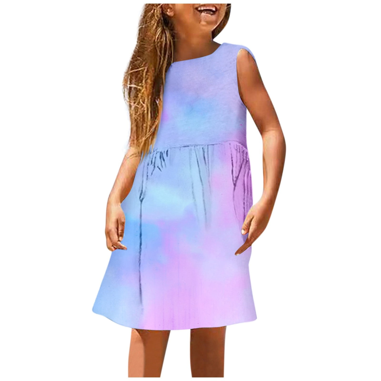 Girls Summer Sleeveless A Line Casual Dress Gradient Print Stretchy ...