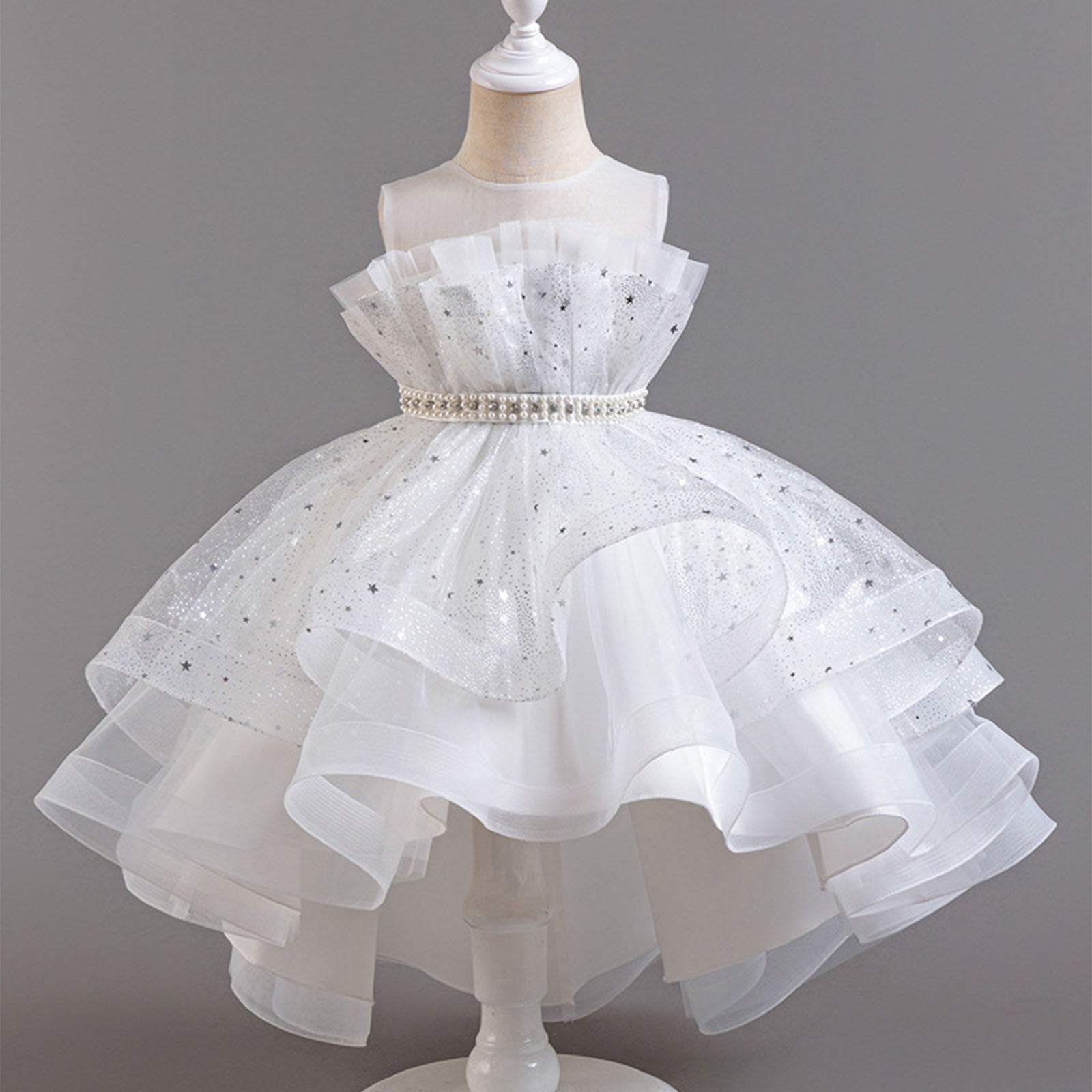 Girls' Summer Solid Color Short Sleeve Round-Neck Mesh Princess Dress ...