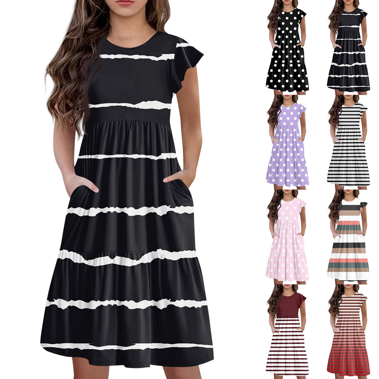 Girls Summer Sundress Casual Striped Midi Dress with Pockets Short ...