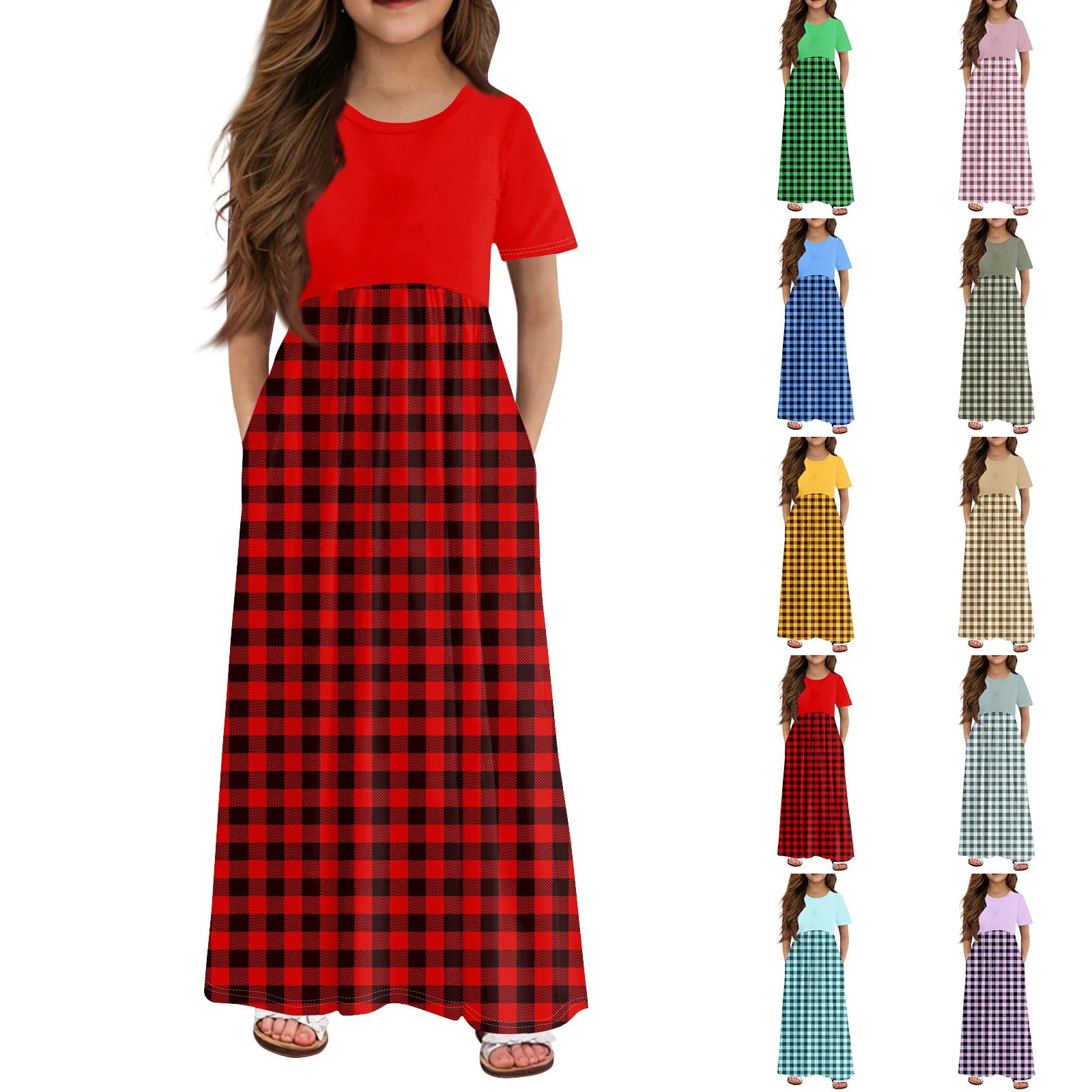 Girls Summer Sundress Plaid Maxi Dress Short Sleeve Casual Summer ...