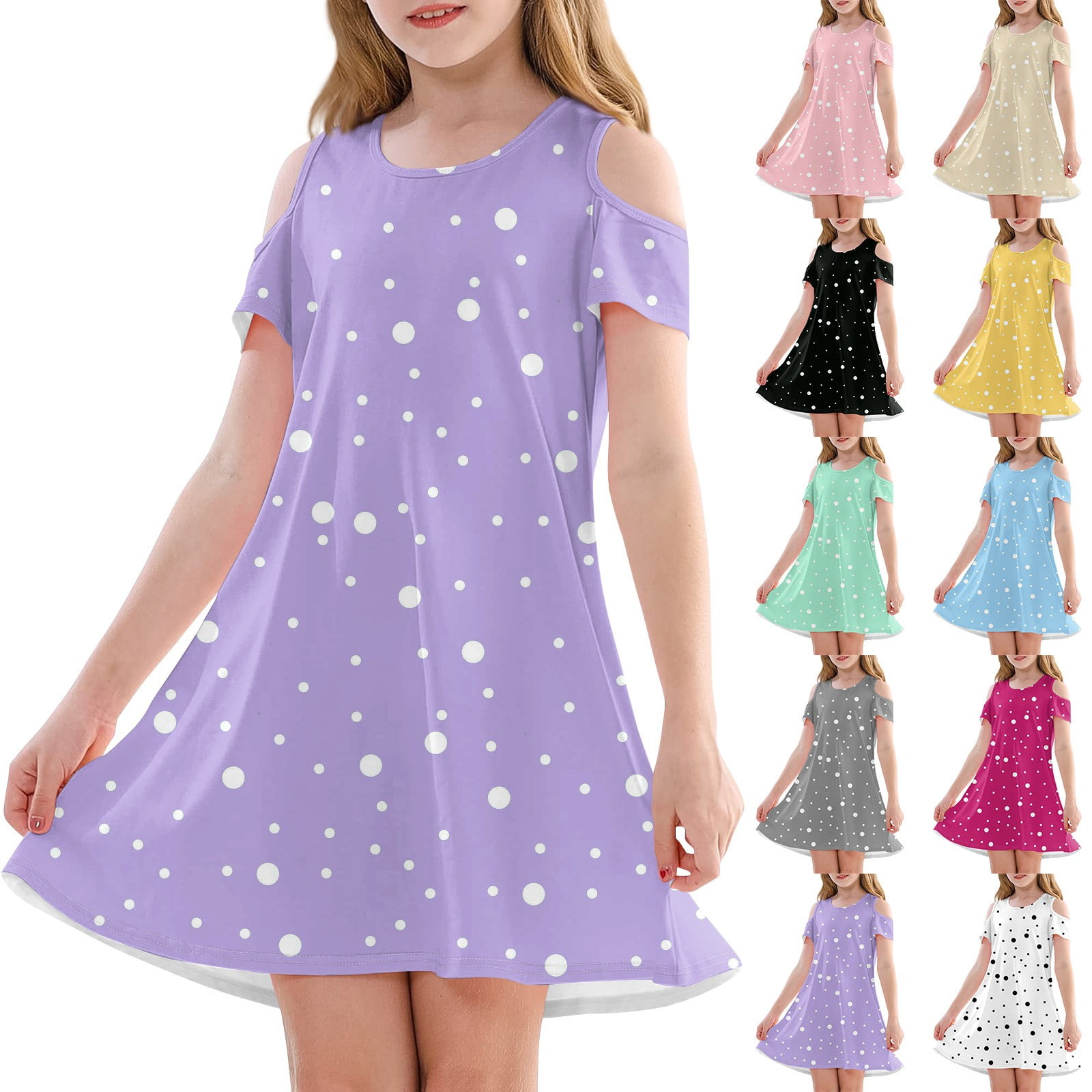 Girls Summer Sundress Polka Dot Dress with Cold Shoulder Design Soft ...