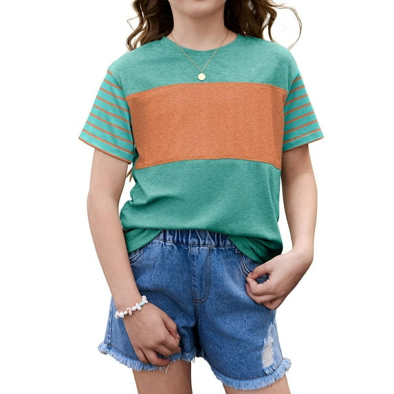 Girls Summer Tops Trendy Oversized 2026 Crewneck Casual Color Block ...