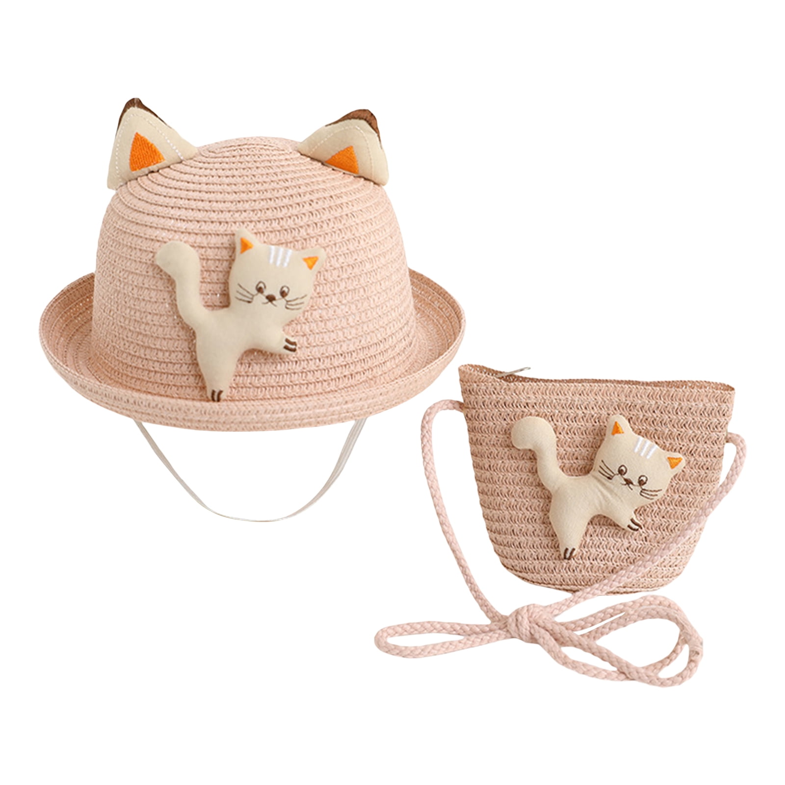 Girls Sun Hat Set, Cute Cat Roll-up Brim Straw Hat with Shoulder Bag ...