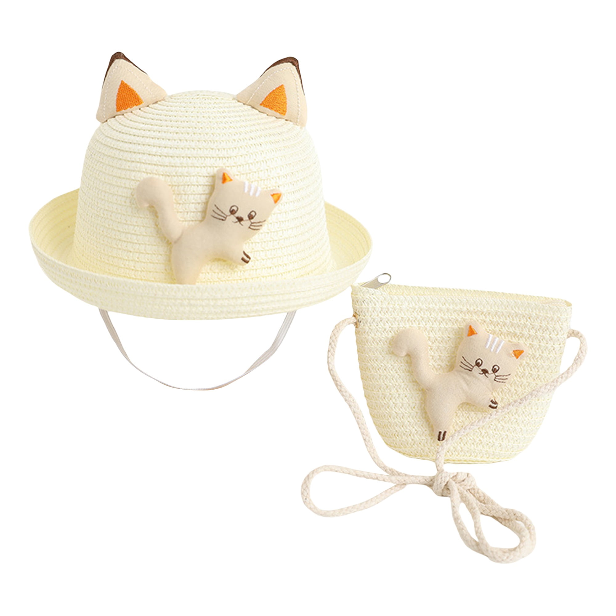 Girls Sun Hat Set, Cute Cat Roll-up Brim Straw Hat with Shoulder Bag ...