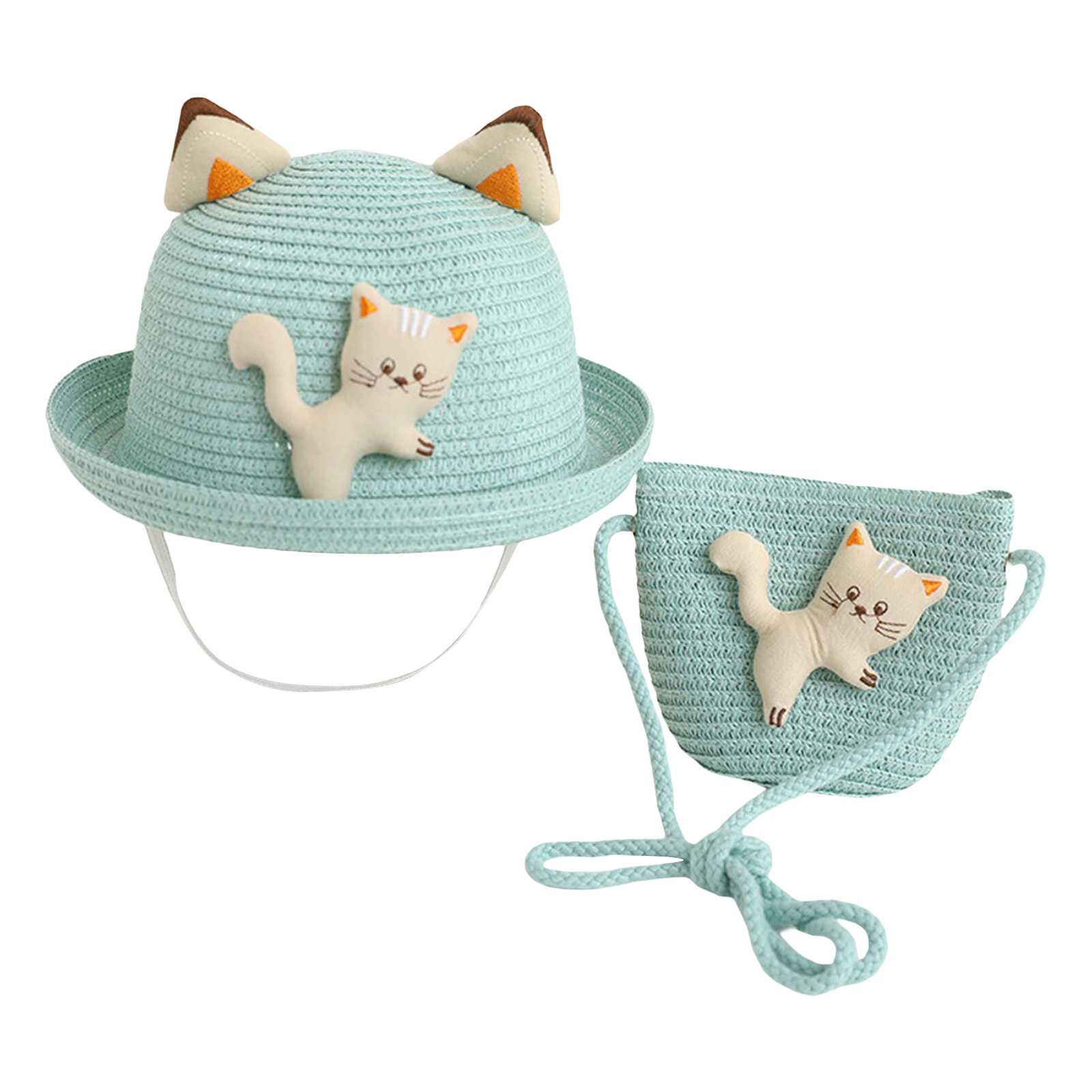 Girls Sun Hat Set, Cute Cat Roll-up Brim Straw Hat with Shoulder Bag ...
