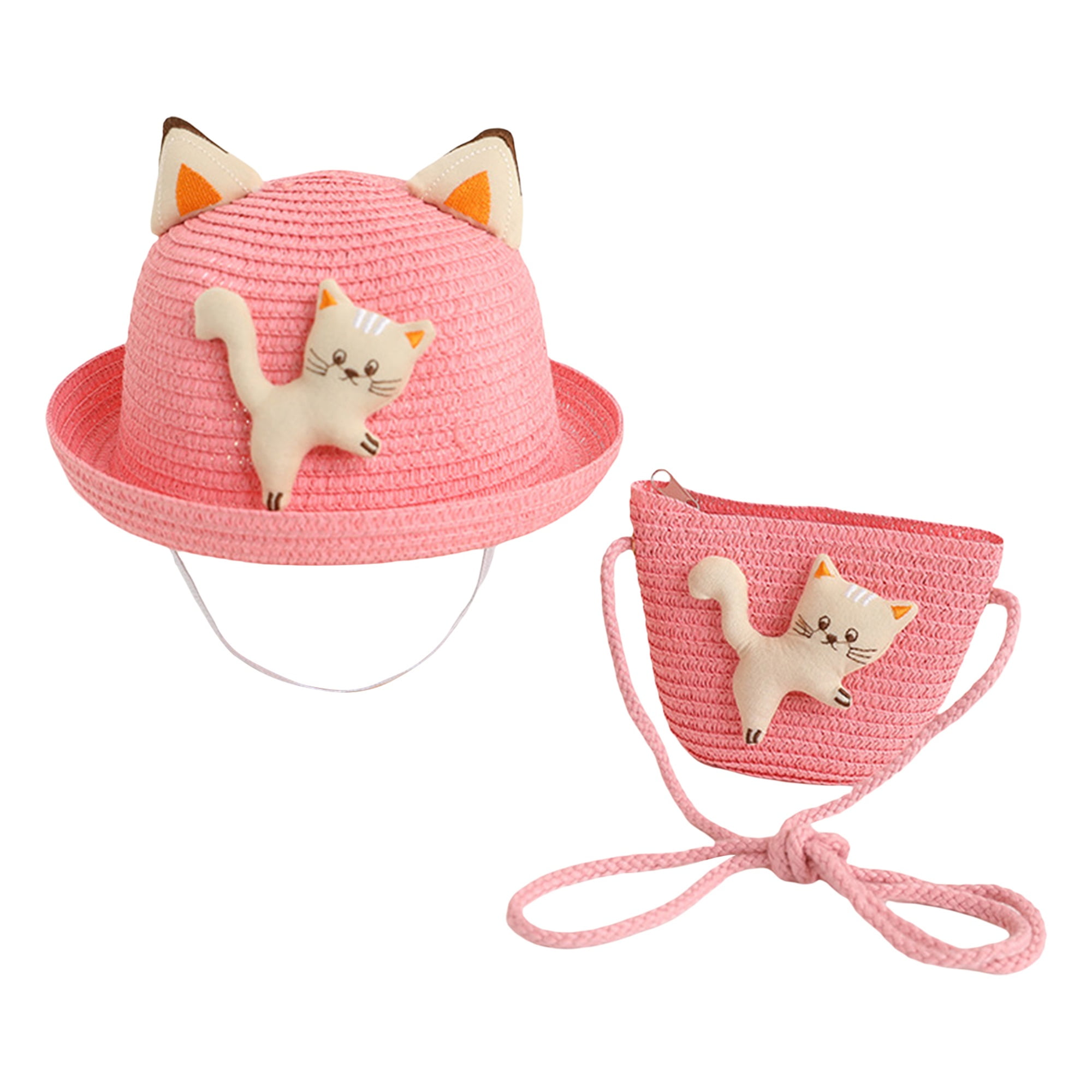 Girls Sun Hat Set, Cute Cat Roll-up Brim Straw Hat with Shoulder Bag ...