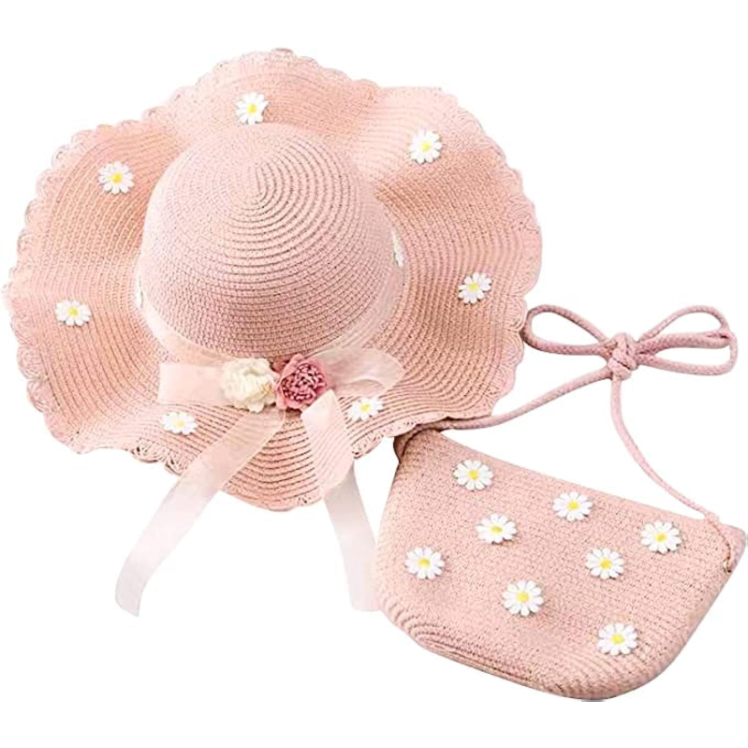 Girls Sun Hat with Shoulder Bag Set Large Brim Flower Beach Summer Hat ...