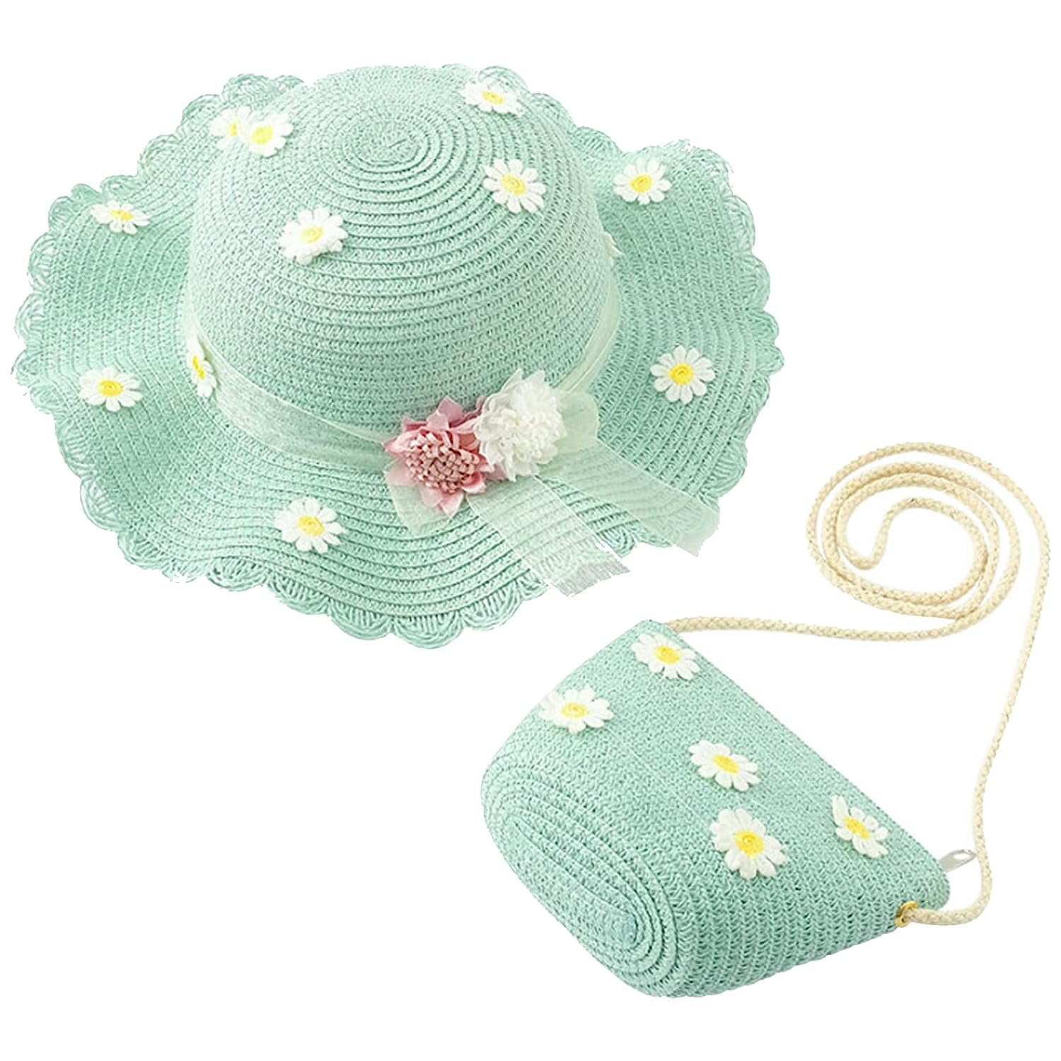 Girls Sun Hat with Shoulder Bag Set Large Brim Flower Beach Summer Hat ...