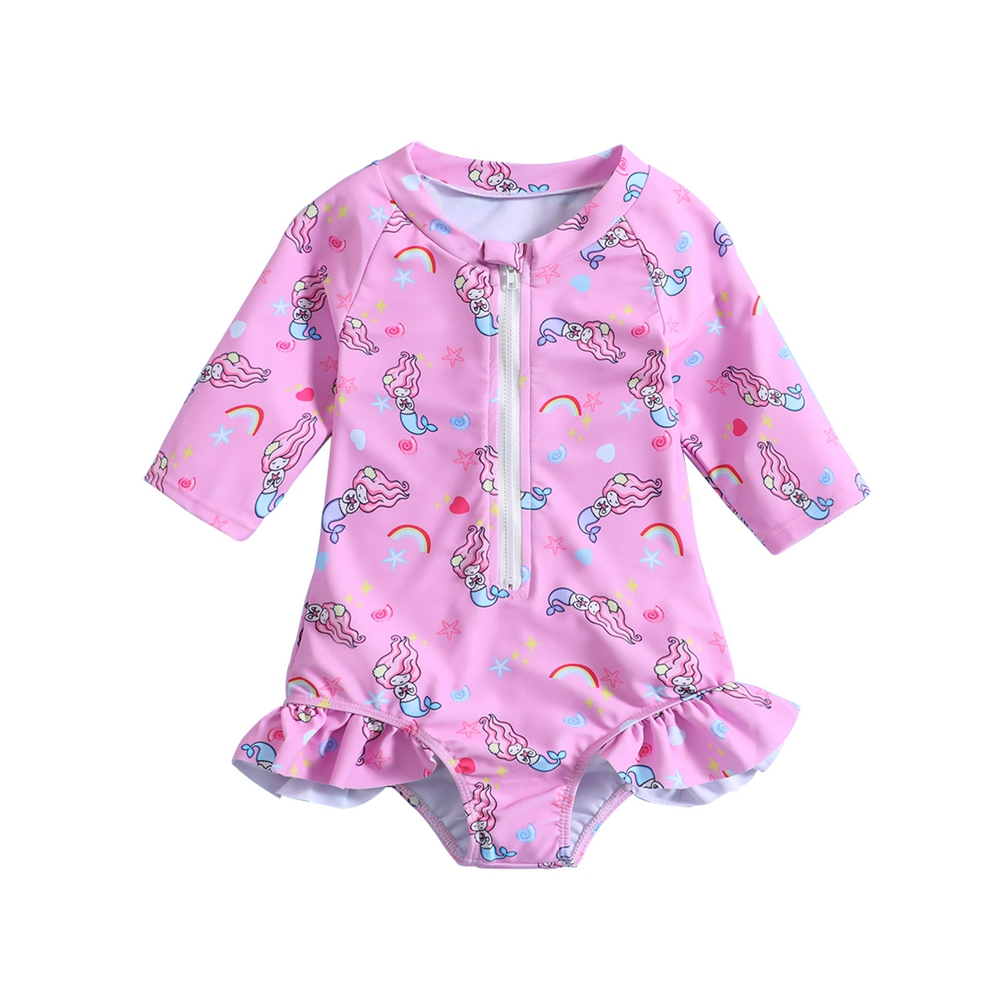 Girls' Sun Protection Half Sleeved One Piece Swimsuit Dark Pink 2-3Y ...