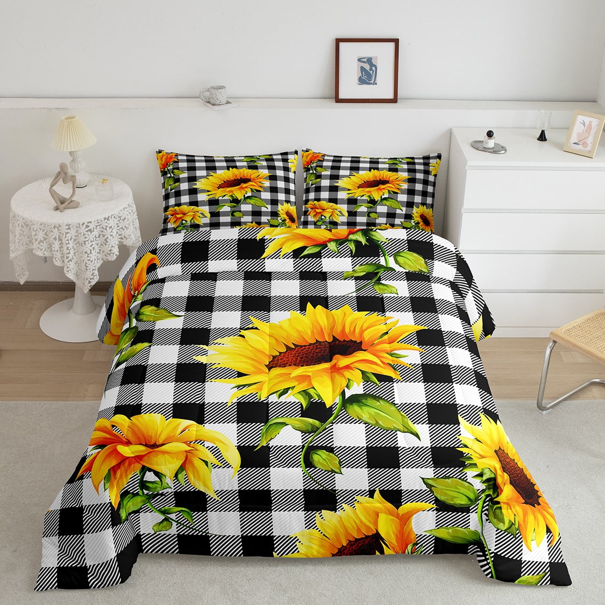 Girls Sunflower Bedding Twin Black White Buffalo Comforter Set, Floral ...
